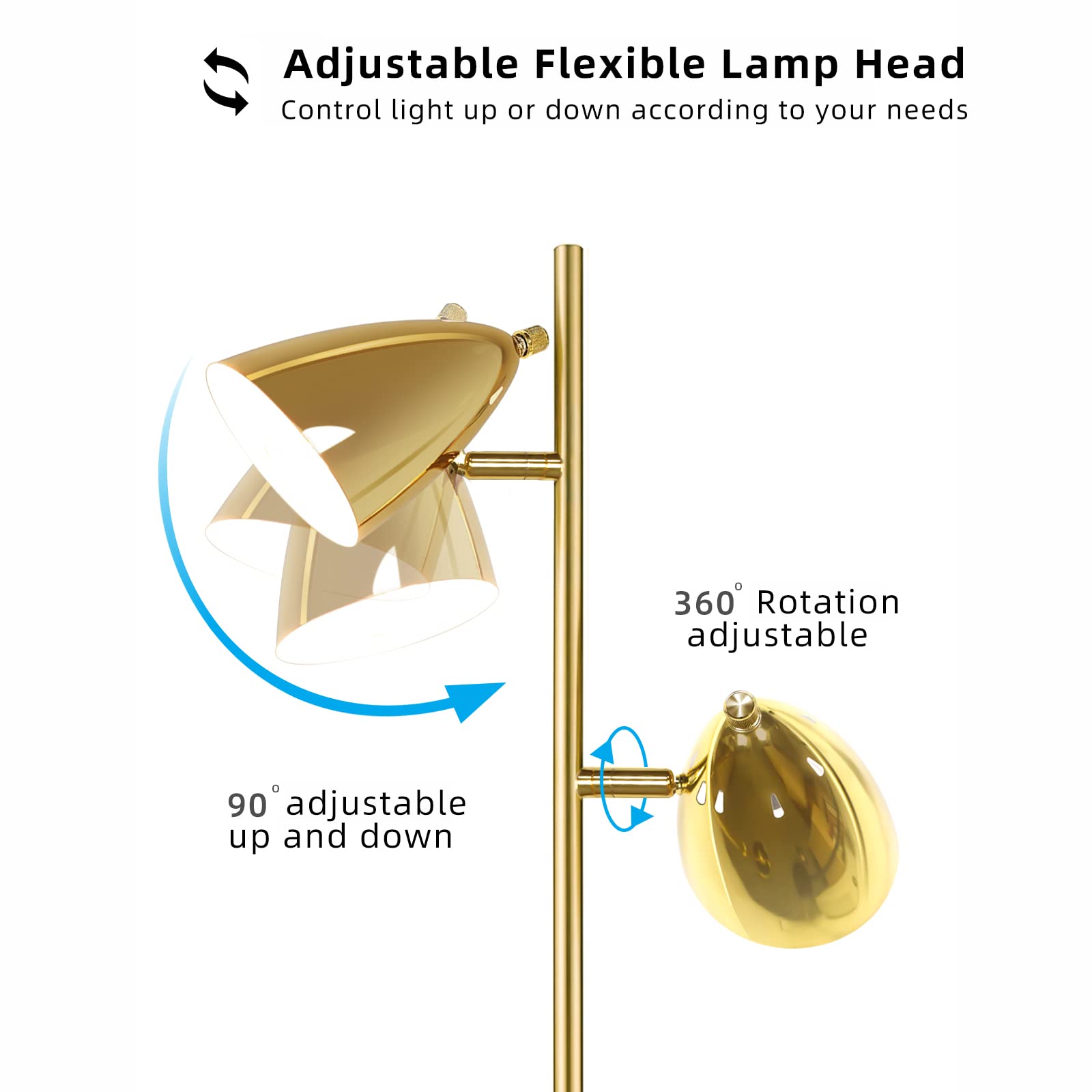 Tree Floor Lamp for Living Room, Industrial 3-Light Standing Lamp with 3 LED Bulbs, Adjustable Rotation Heads, Standing Tall Pole Lamp Farmhouse Rustic Reading Lamps for Bedroom Office (Gold)