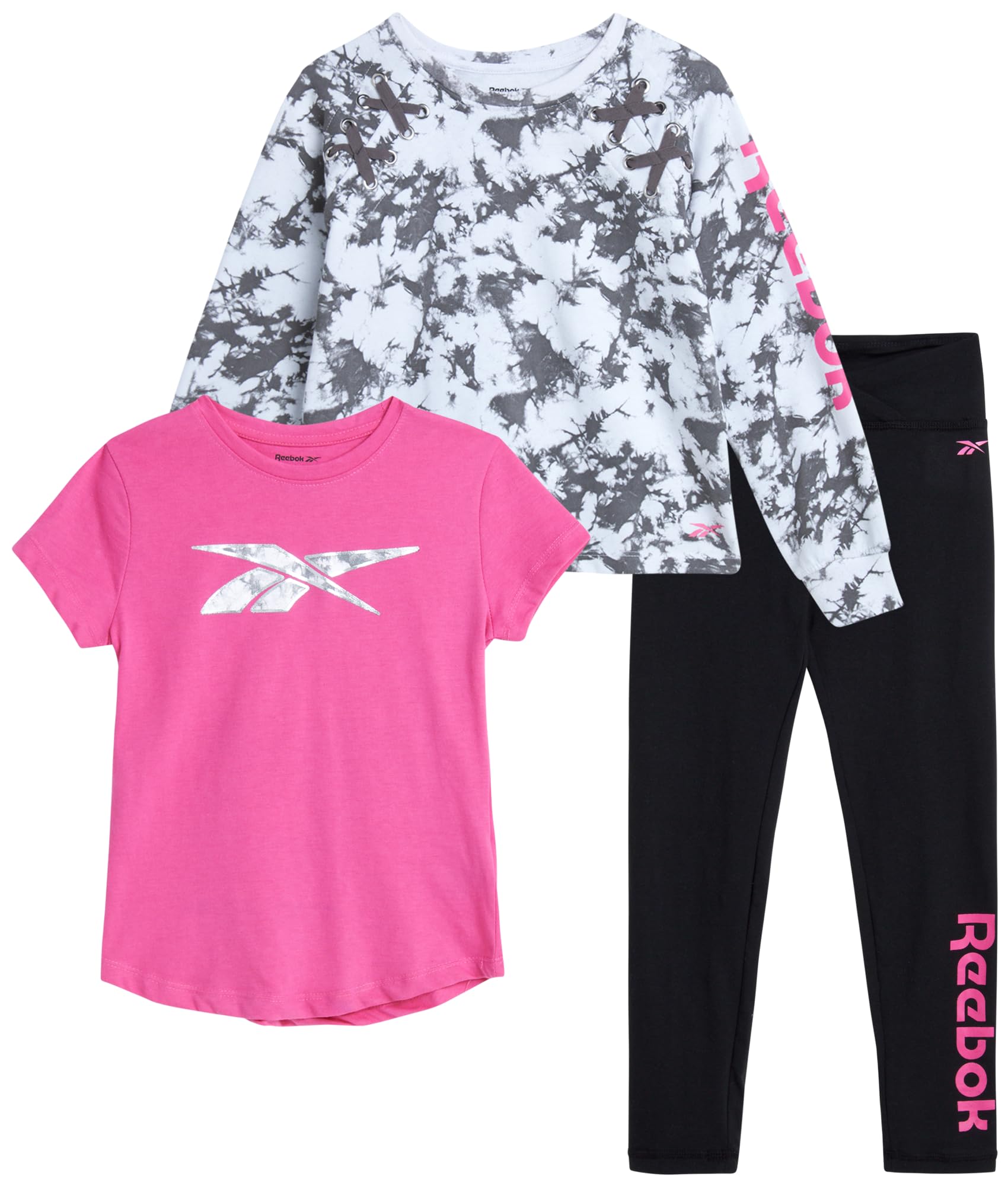 Reebok Girls' Active Leggings Set - 3 Piece Performance T-Shirt and Yoga Pants Leggings (4-12), Size 8, Pink/White/Navy