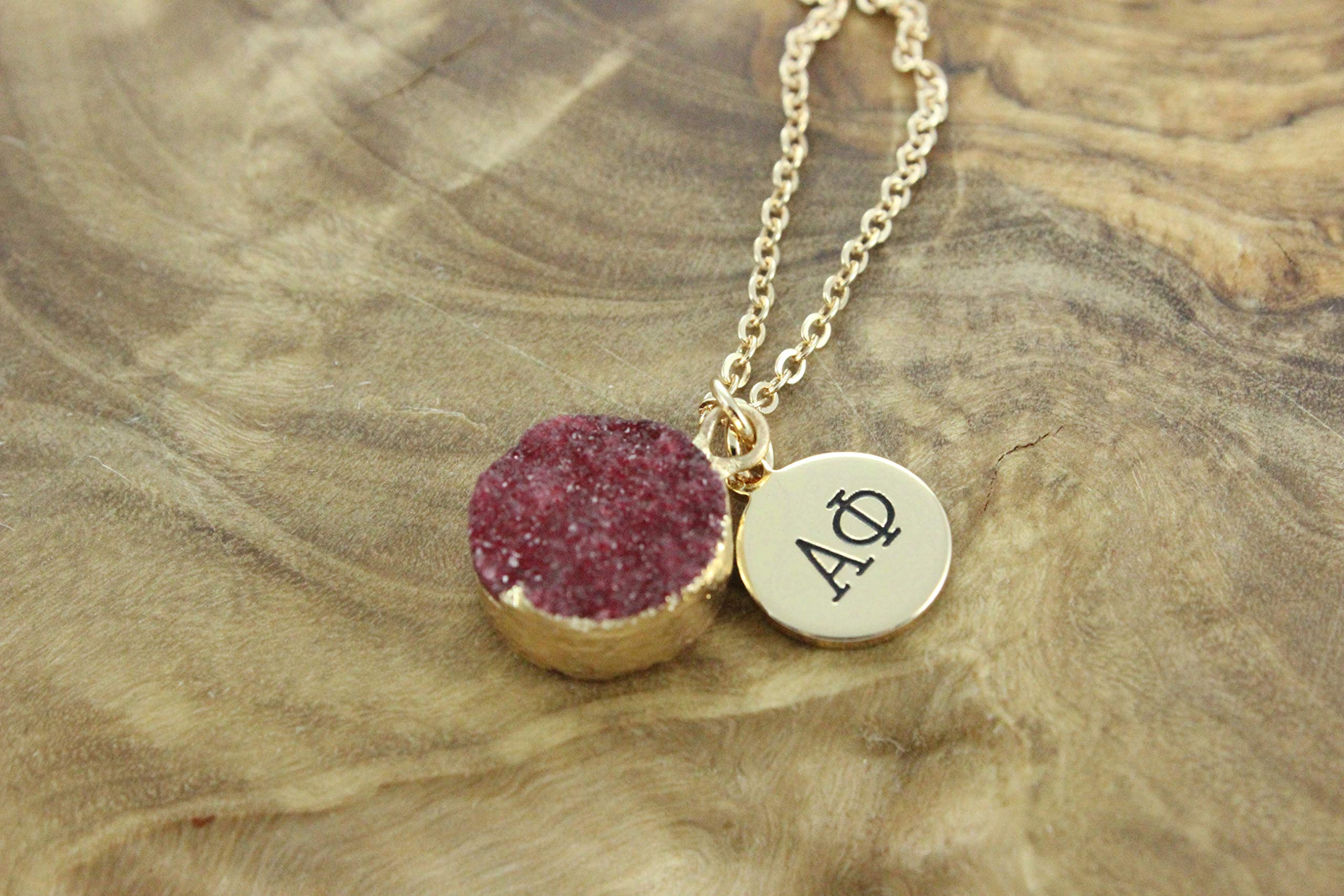 Sorority Shop AP Necklace - Alpha Phi Red Druzy Gemstone Necklace With Engraved Pendant β 14K Gold Dipped Jewelry with Red Gemstone β Sorority Gift, Charm Paraphernalia