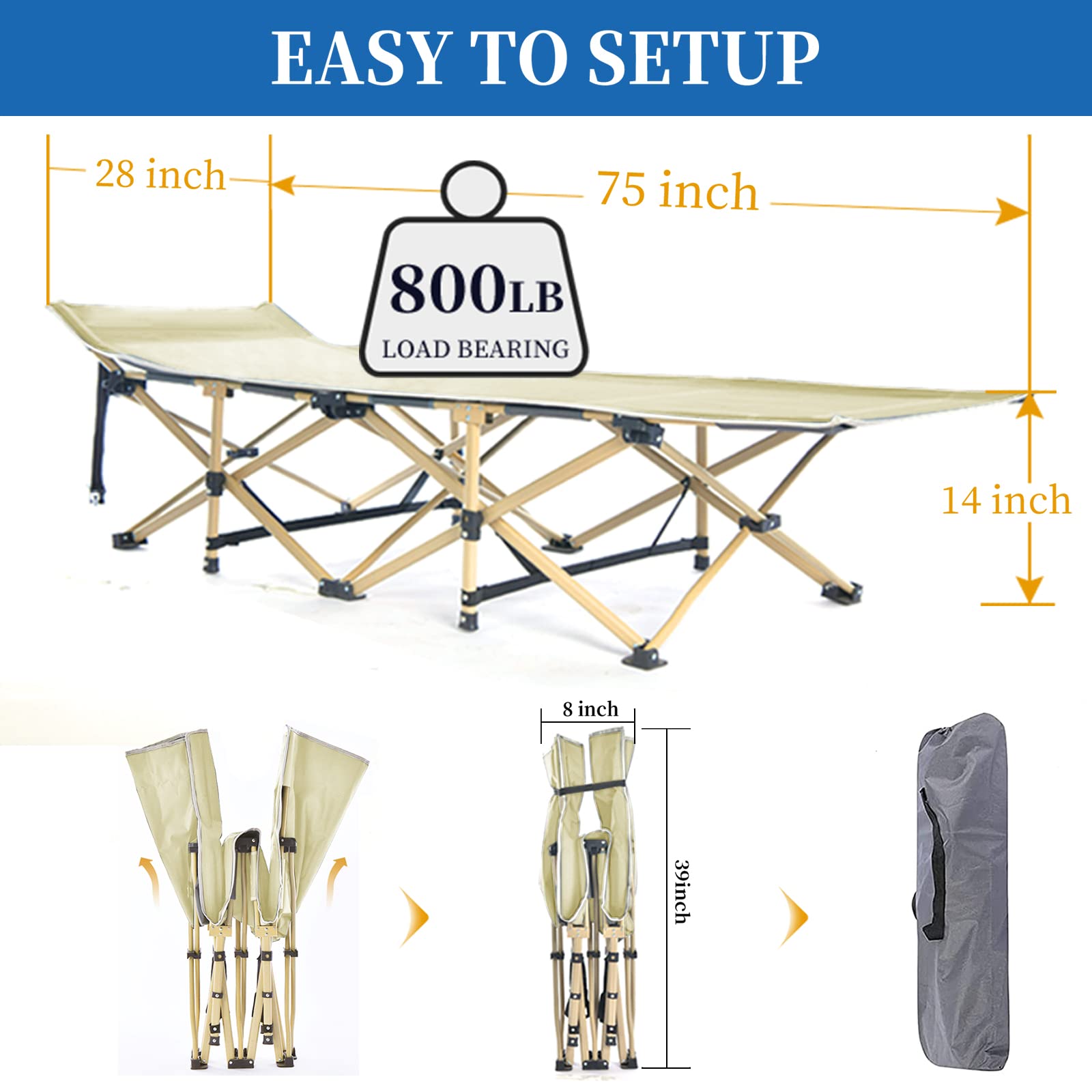 ZZYYQ Folding Camping Cot, Heavy Duty Sleeping Cots with Carry Bag, Double Layer Oxford Portable Travel Camp Cots for Home, Office Nap and Outdoor Beach