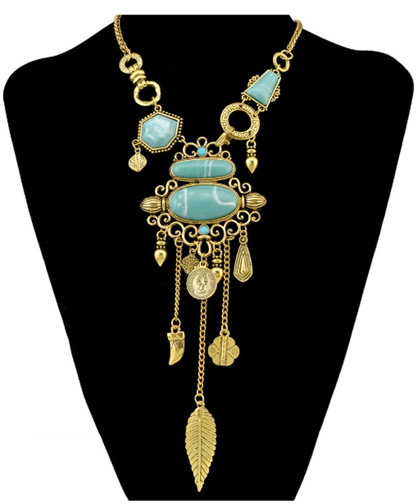 Shineland Bohemian Exaggerate Turquoise Big Alloy Pendant Necklace Women Statement Jewelry (Style # 2 ANTI GOLD)