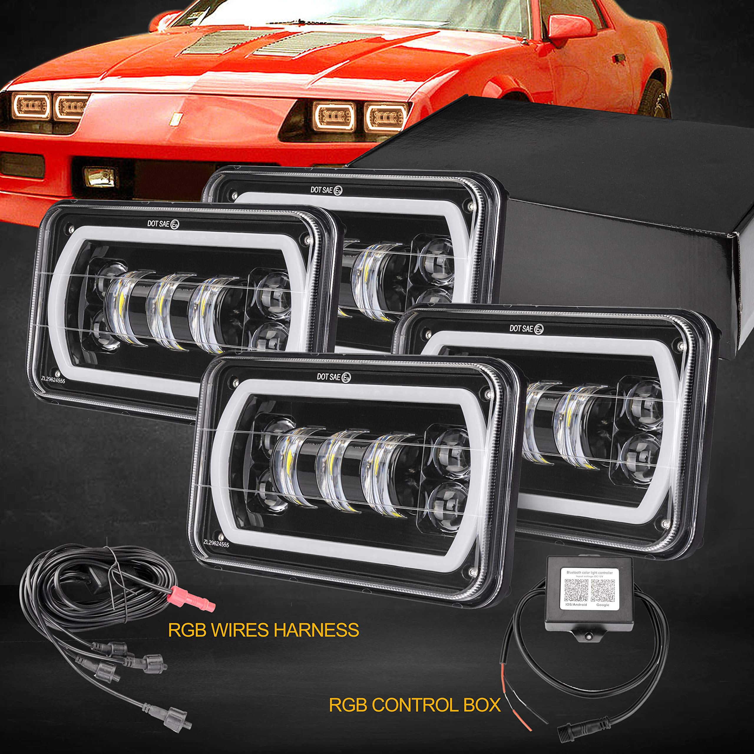 SEUYA 4x6 LED Headlights with RGB Halo Ring Music Mode Replacement H4651 H4652 H4656 H6545 Truck Chevrolet Kenworth Oldsmobile Ford Peterbilt