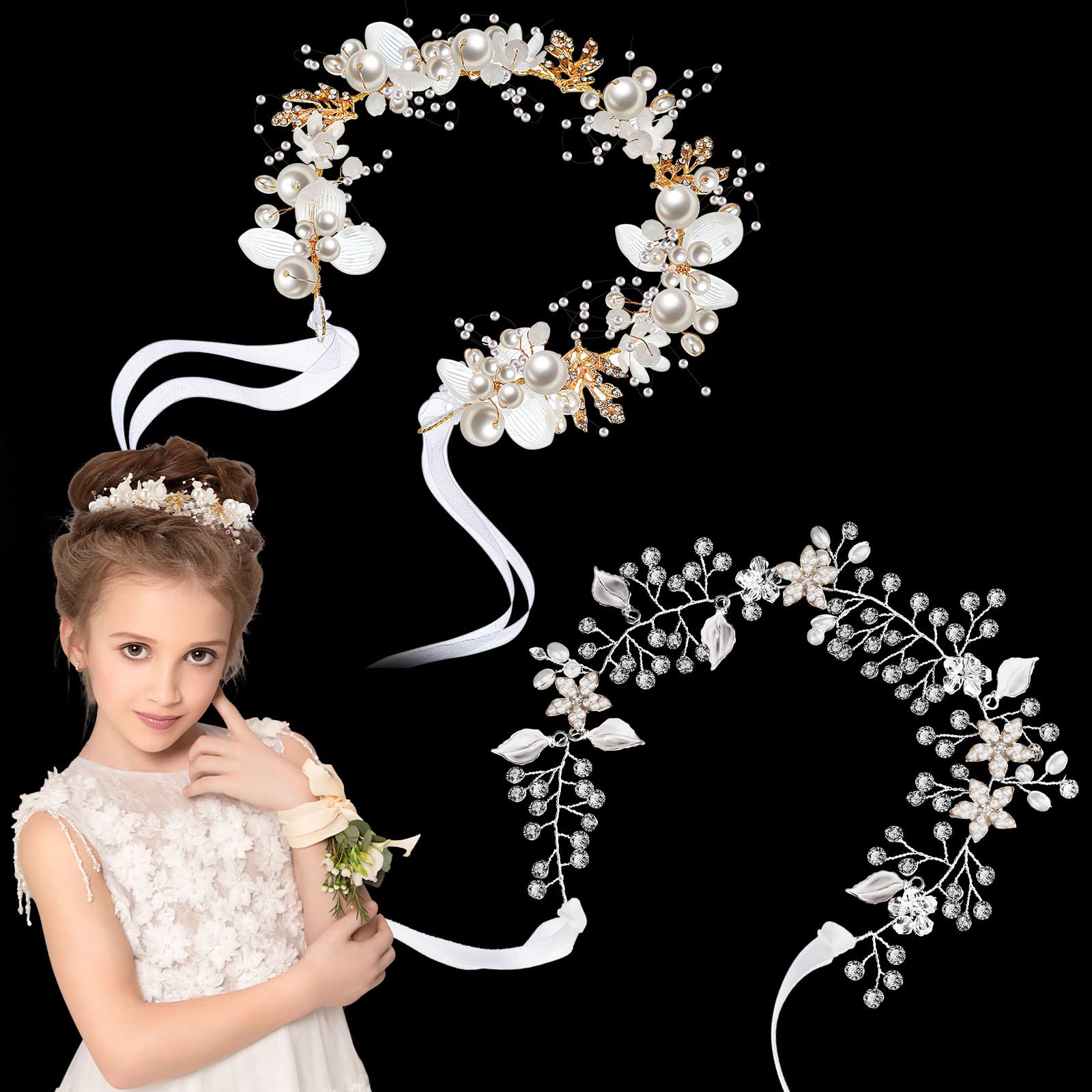 Wedding Flower Girl Headband 2 Pieces Vine Rhinestone Faux Pearl Hair Piece Wedding Headpiece for Bride Beads Crystal Headpiece Silver Bridal Hair Accessories for Girls Brides Communion Party Prom
