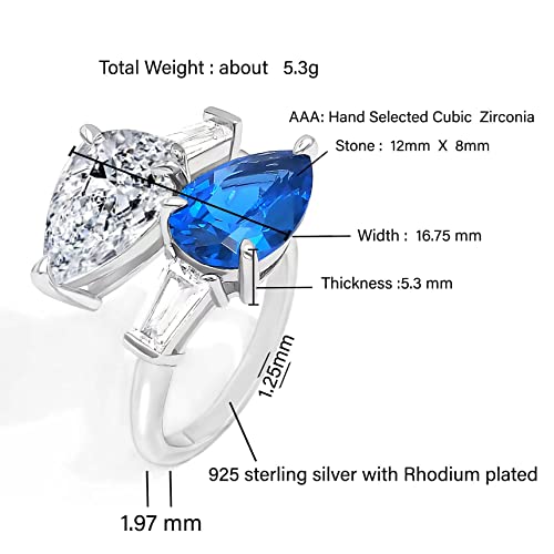 通用 2pcs 4CT Pear Cut Blue & White Zircon Engagement Ring, Rhodium Plated 925 Sterling Silver Two Stone Wedding Anniversary Promise Ring for Her (Silver, 7)