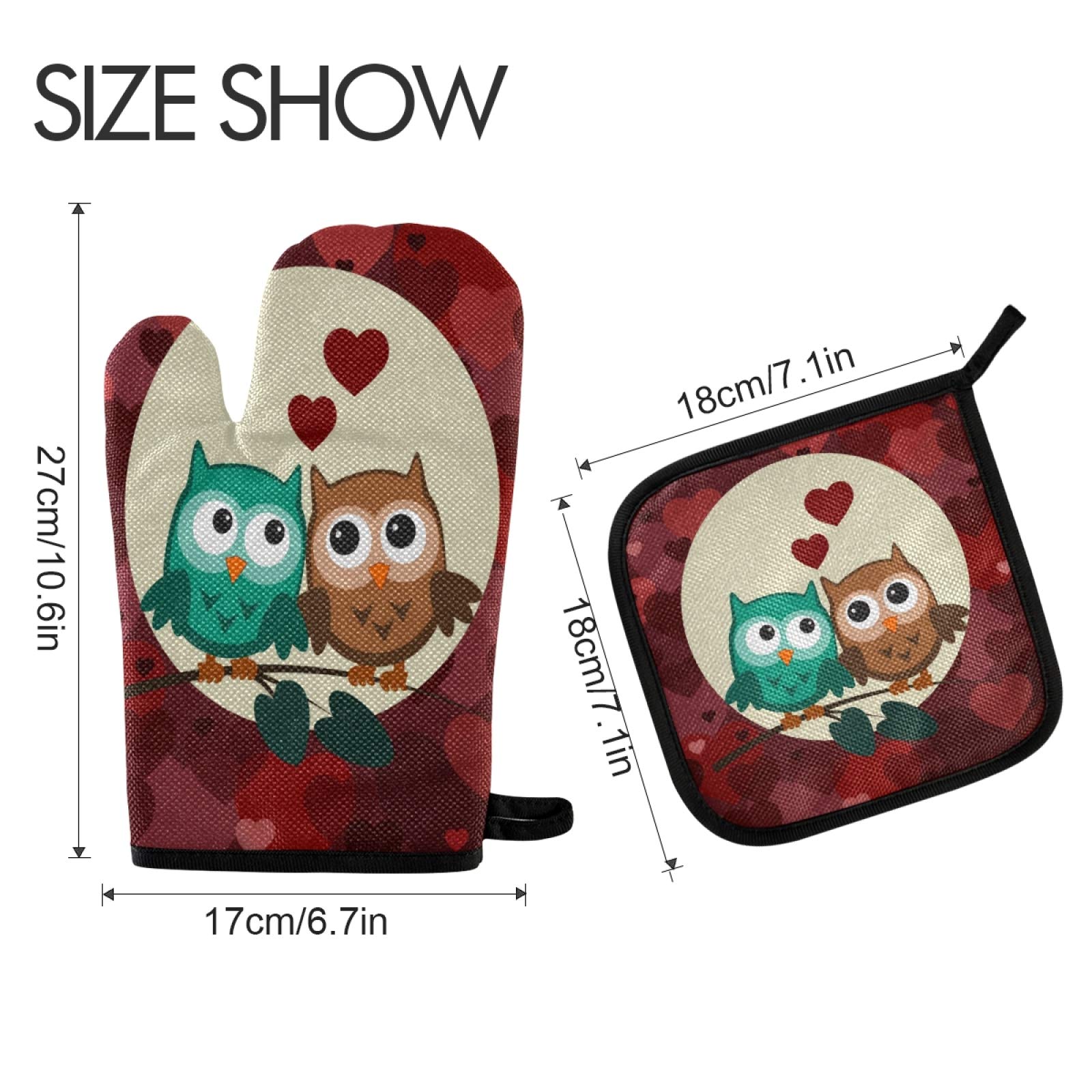 Valentines Day Owls Oven Mitts and Pot Holders Sets Red Mothers Day Heat Resistant Hot Pads Cooking Gloves Handling Kitchen Cookware Bakeware BBQ