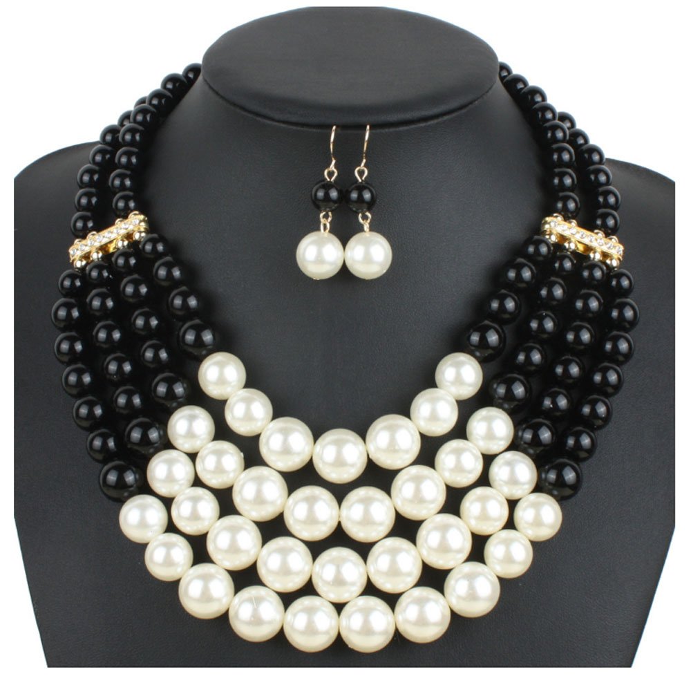 Shineland Elegant Handmade Multilayer Faux Pearl Bead Cluster Collar Bib Choker Necklace and Earrings Suit (Orange)