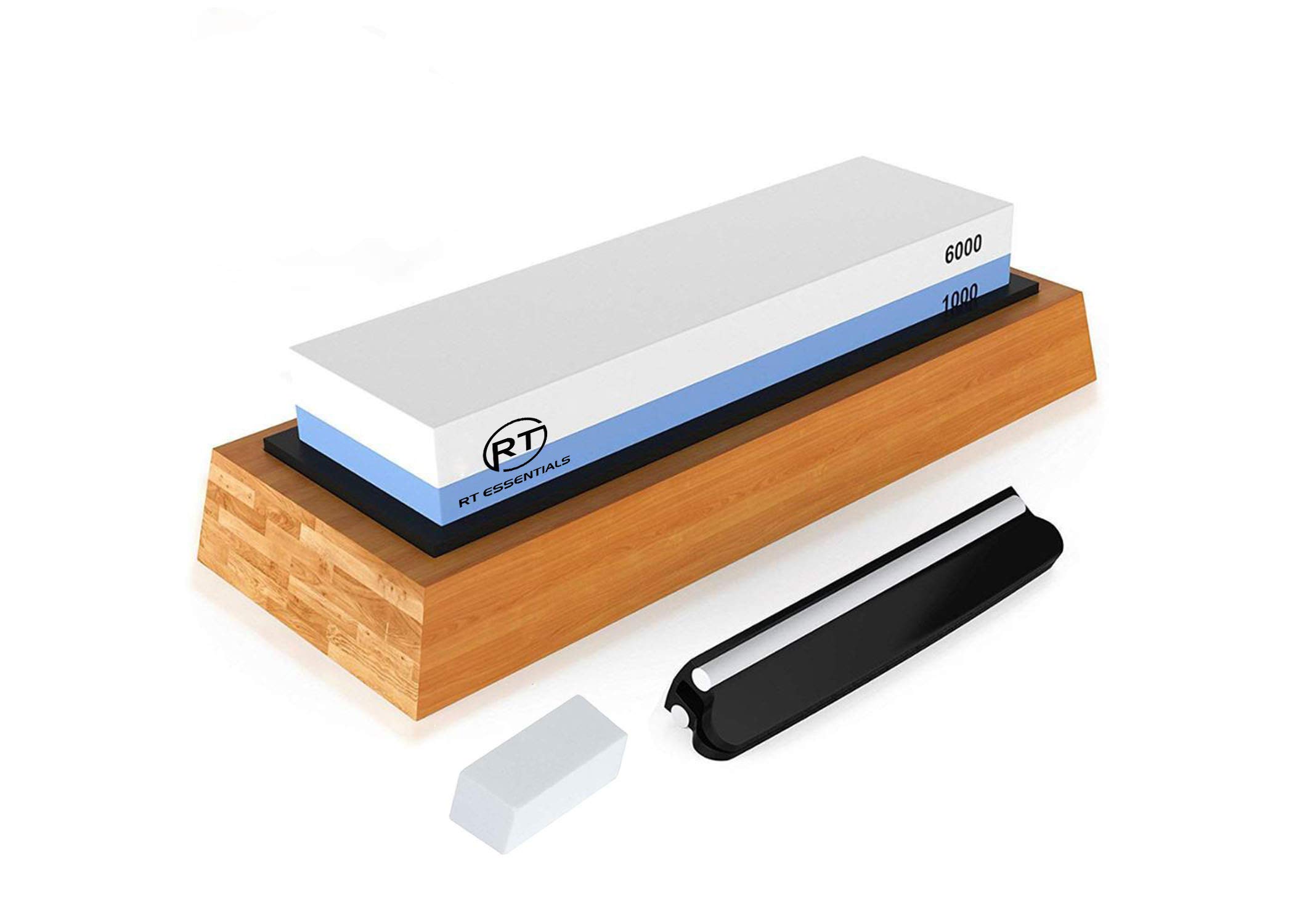 RT Essentials Premium Whetstone Knife Sharpening Stone 1000/6000 grit| Non-slip Bamboo Wood Base| Angle Guide| Flattening Stone- Best Tool For Razor sharp Kitchen/Butcher/Pocket/Chef Knives and Blades