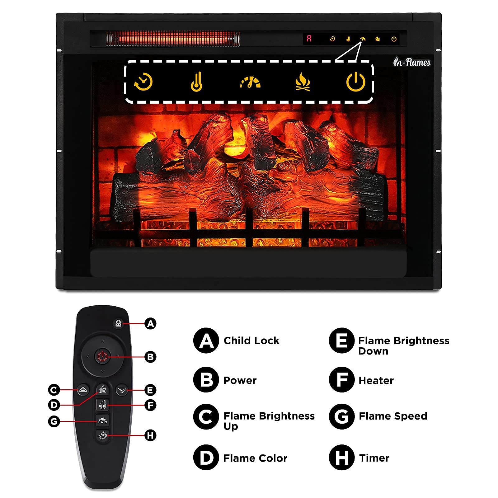 TURBRO in-Flames 28 Inch in-Wall Recessed Electric Fireplace Insert - Realistic Wood Log, 3D Adjustable Flame Effects, Infrared Quartz, Thermostat, and Timer - INF28-3D