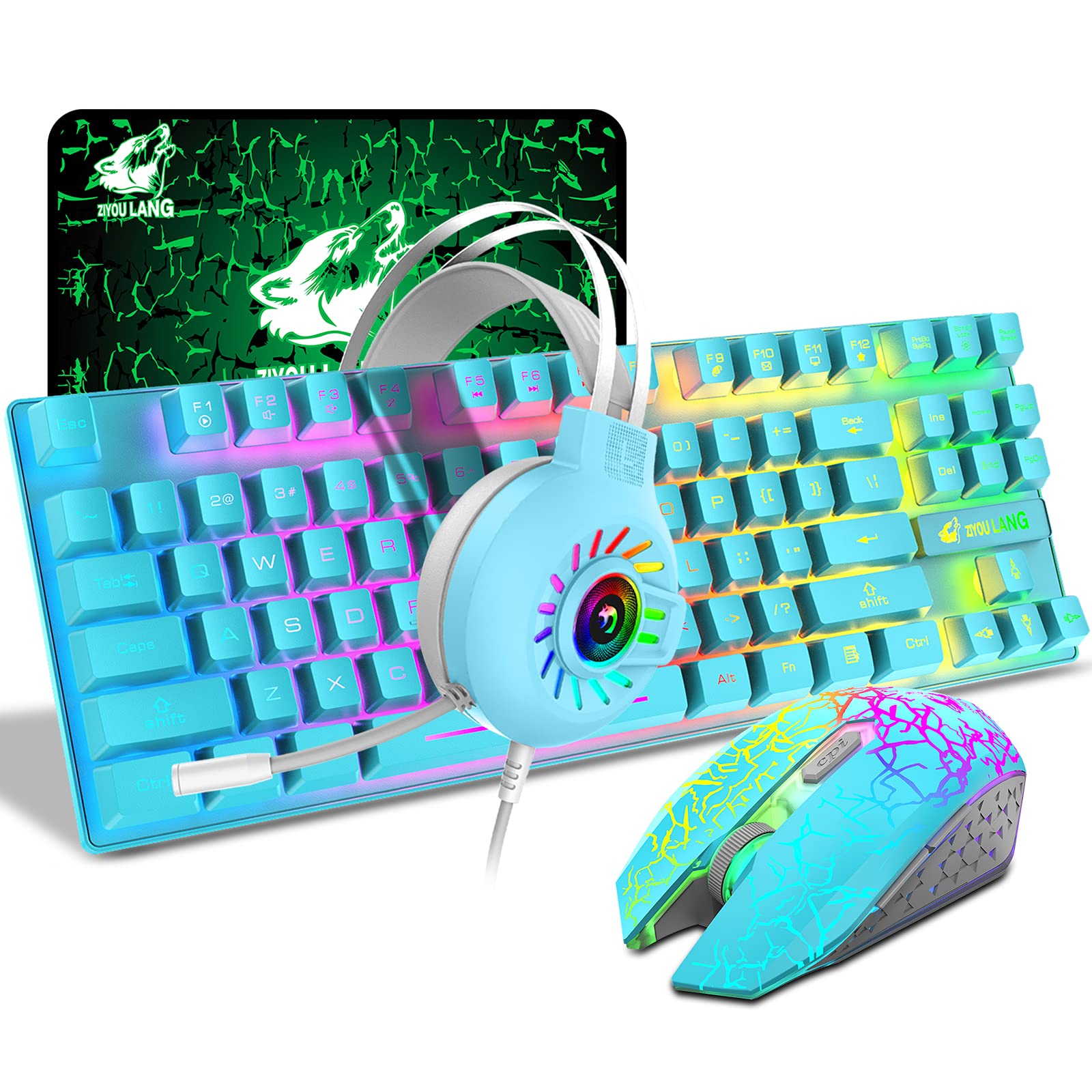 ZIYOU LANG Wireless Gaming Keyboard Mouse and Wired Headphone with Ergonomic 87Key Rainbow Backlight Rechargeable 3800mAh Battery Mechanical Anti-ghosting Mouse pad for PC Laptop Gamer Typist(Blue)