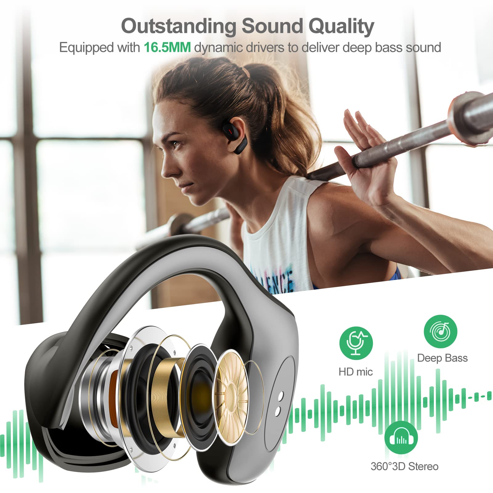 Qaekie Bluetooth 5.3 Wireless Headphones - HD Mic, Open Ear Ture Earbuds, Immersive Sound, 40hrs Playtime, Sweatproof Sport Earbuds for Running