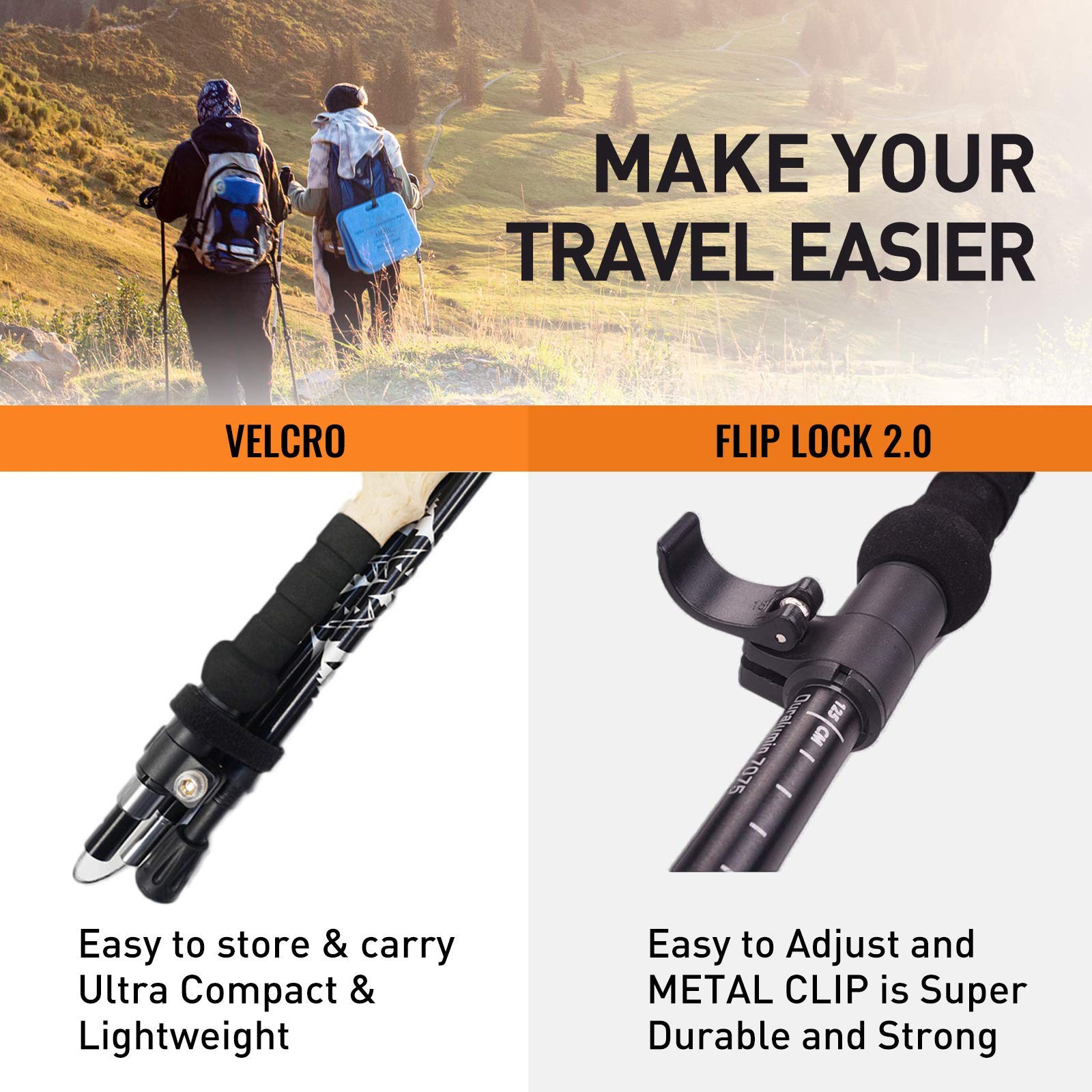 Trekking Poles - 1-pc Pack Adjustable Hiking or Walking Sticks - Strong, Aluminum 7075, Lightweight Collapsible with Quick Lock for Hiking, Trekking, Camping, Mountaining, Backpacking