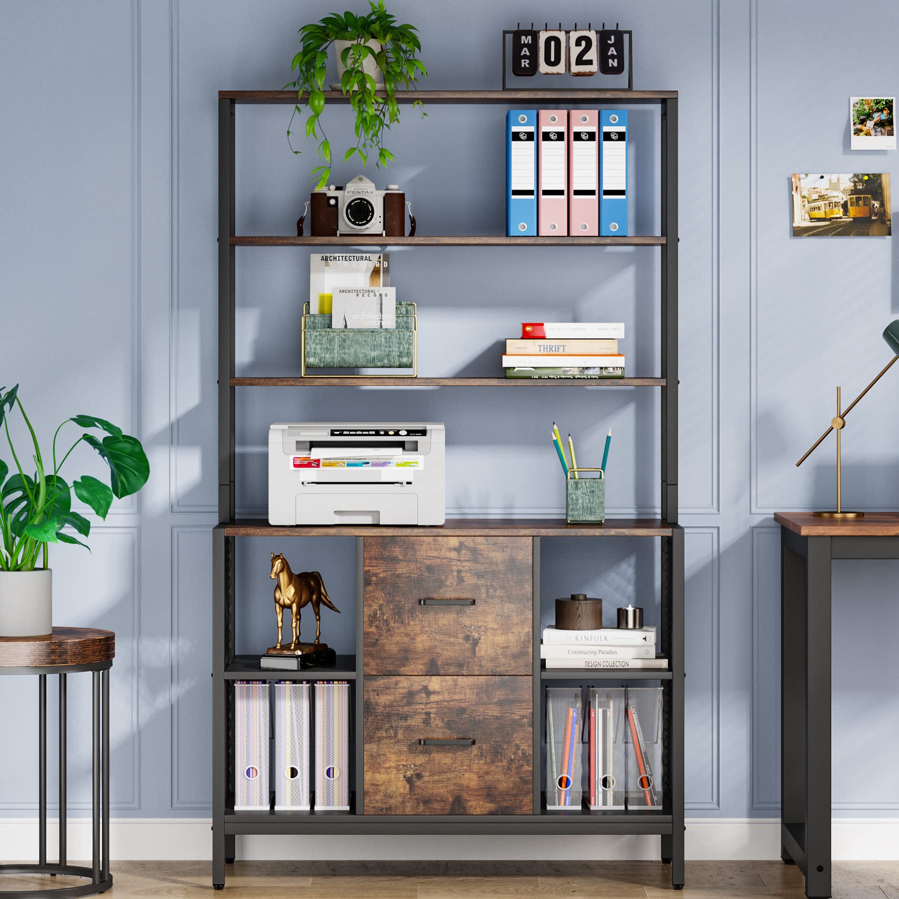Tribesigns 2-Drawer File Cabinet for Letter Size, 6-Tier Vertical Filing Cabinet with Bookshelf Tall, Large Industrial Printer Stand with Open Storage Shelves for Home Office, Rustic Brown
