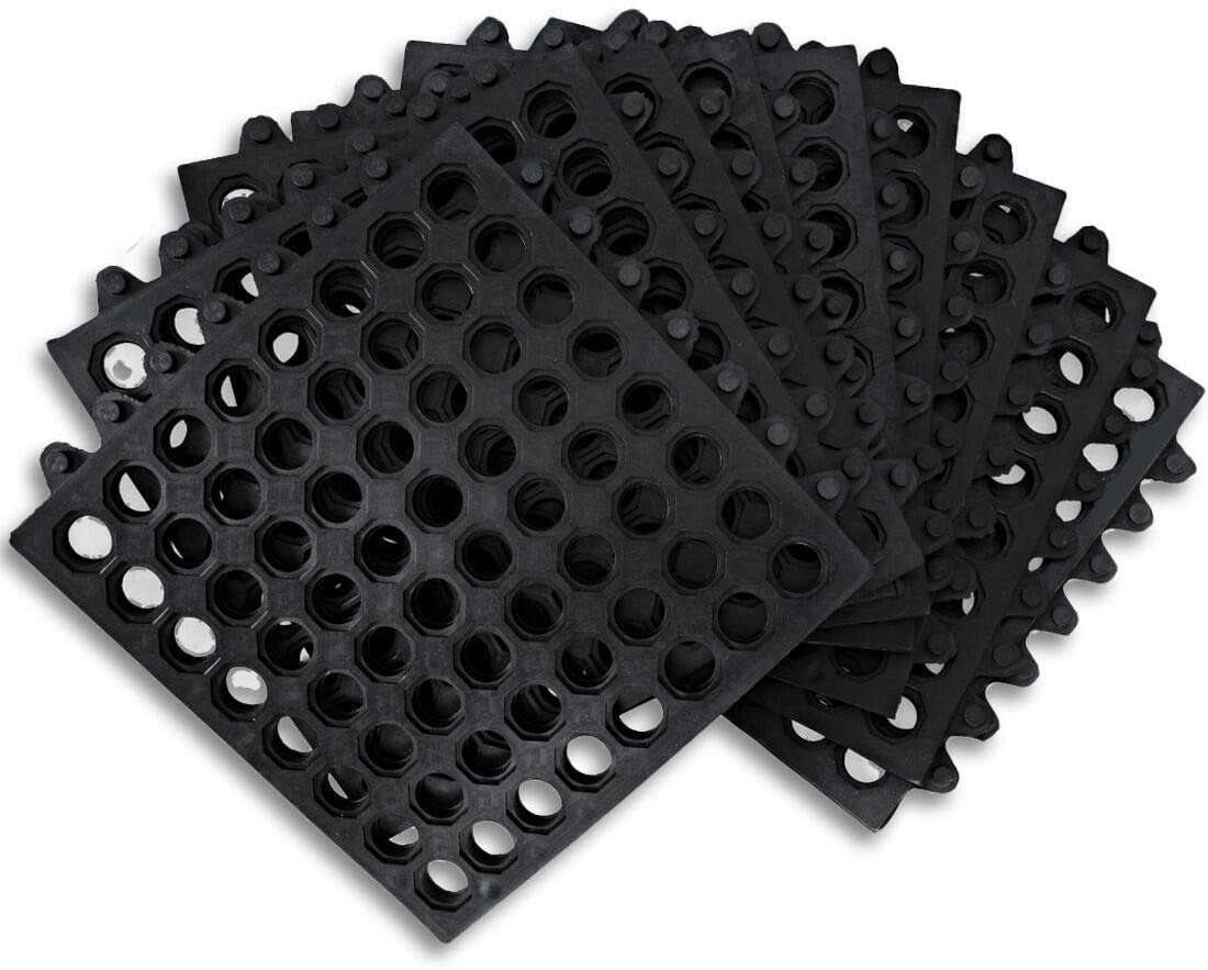 Rubber Floor Mats Anti Fatigue Kitchen Mats 9 Pack 11.8" x 11.8" Modular Rubber Interlocking Floor Tiles, Drain Pool Balcony Patio Yard Pet Area Use Restaurant Bar Floor Mat Black