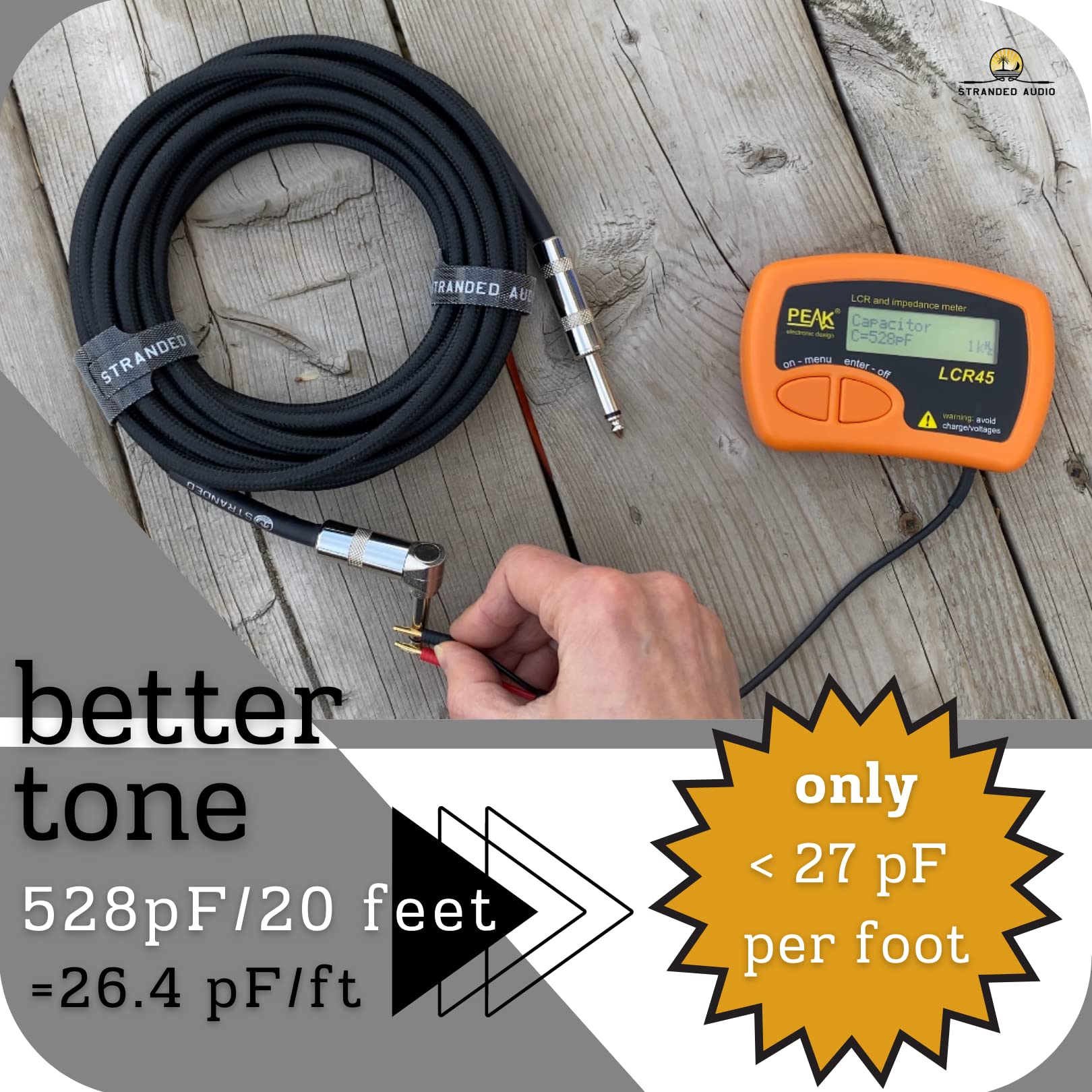 Stranded Audio - Guitar Cable 20 Ft - Low Capacitance - Pro Grade - 1/4 to 1/4 Inch Instrument Cable - Right Angle to Straight - Amp Cord for Electric Guitar, Bass, Acoustic, Ukulele or Keyboard