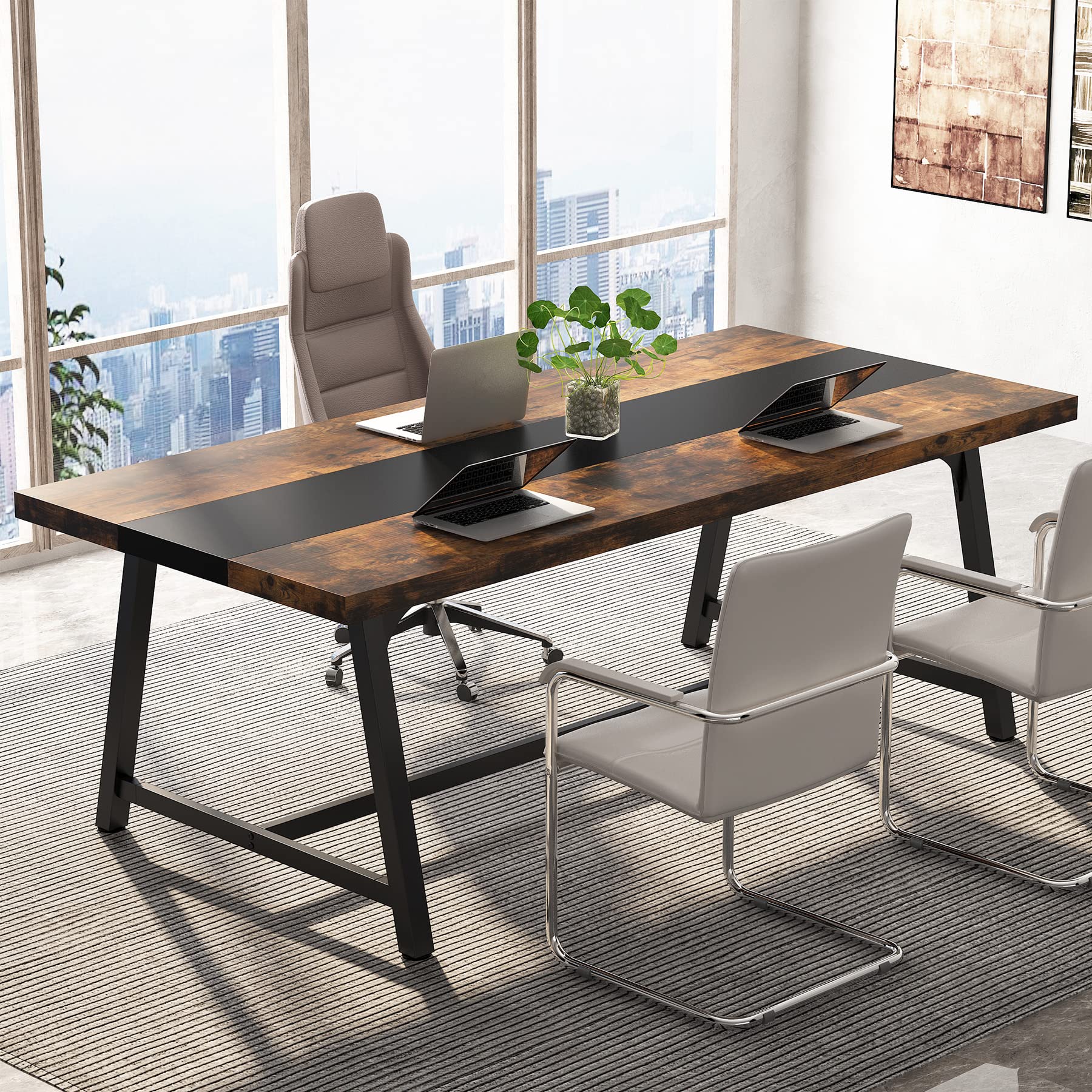 Tribesigns 6FT Rectangle Conference Table, 70.87 Inches Long Meeting Table for Conference Room, Vintage Wood Office Executive Desk with Strong Metal Frame for 6 People (Rustic Brown)