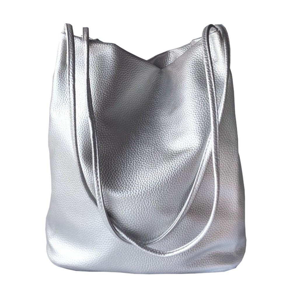 Silver Tote Bag for Women Metallic Purse Large Shoulder Handbags for Ladies Soft Leather Hobo Bucket Bags