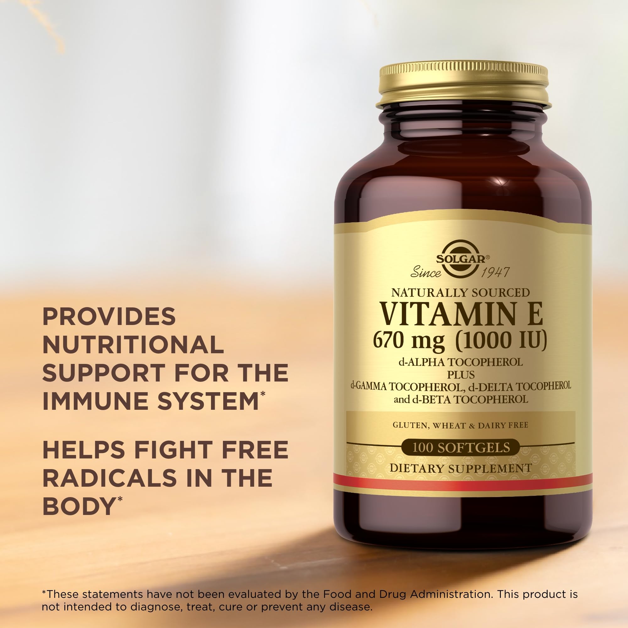 SOLGAR Vitamin E 670 mg (1000 IU) - 100 Softgels, Pack of 2 - Naturally Sourced - Gluten Free, Dairy Free - 200 Total Servings