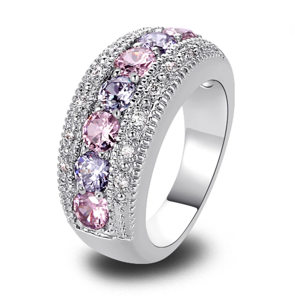 Psiroy 925 Sterling Silver Plated Created Pink Topaz Filled Half Eternity Band Ring Size 9