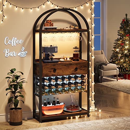 Tribesigns Wine Rack Cabinet Tall Freestanding Floor Liquor Cabinet with Glasses Holder and 1 Drawer, Industrial 21-Bottle Metal and Wood Wine Rack Table for Home Bar, Kitchen, Dining, Rustic Brown