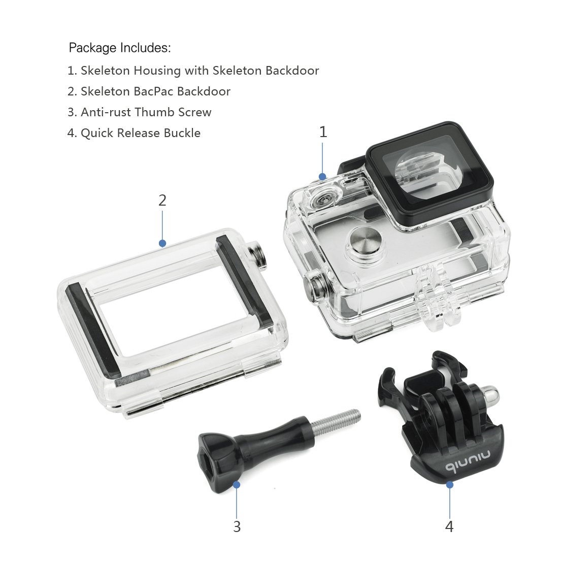 Side Open Protective Skeleton Housing Case with LCD Touch Backdoor and BacPac Backdoor for Extended LCD Screen or Expansion Battery - Compatible with GoPro Hero 4, 3, and 3+ - Transparent Clear