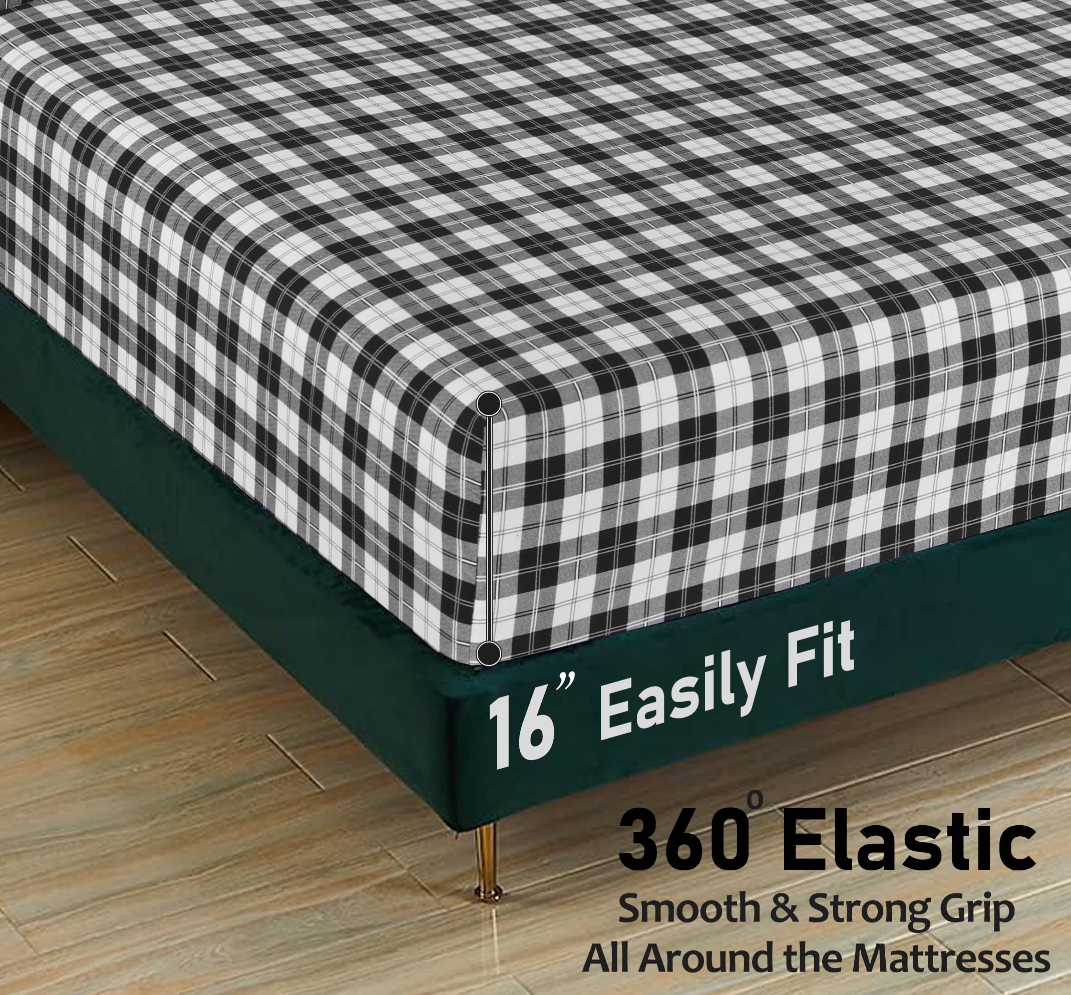 RUVANTI Flannel Sheets Full Size - 100% Cotton Brushed Bed Sheet Sets - Deep Pockets 16 Inches (fits up to 18") - All Seasons Breathable Super Soft - Warm & Cozy - 4 Pcs - Black & White Plaid