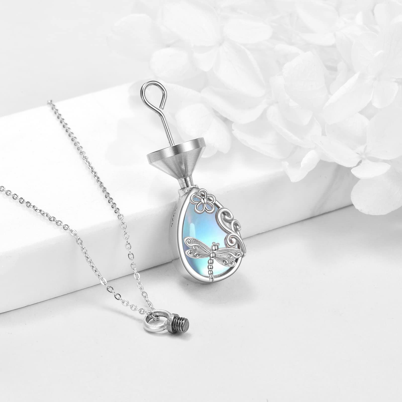 ONEFINITY Dragonfly Moonstone Urn Necklace for Ashes 925 Sterling Silver Teardrop Moonstone Dragonfly Pendant Cremation Keepsake Necklace for Women Jewelry