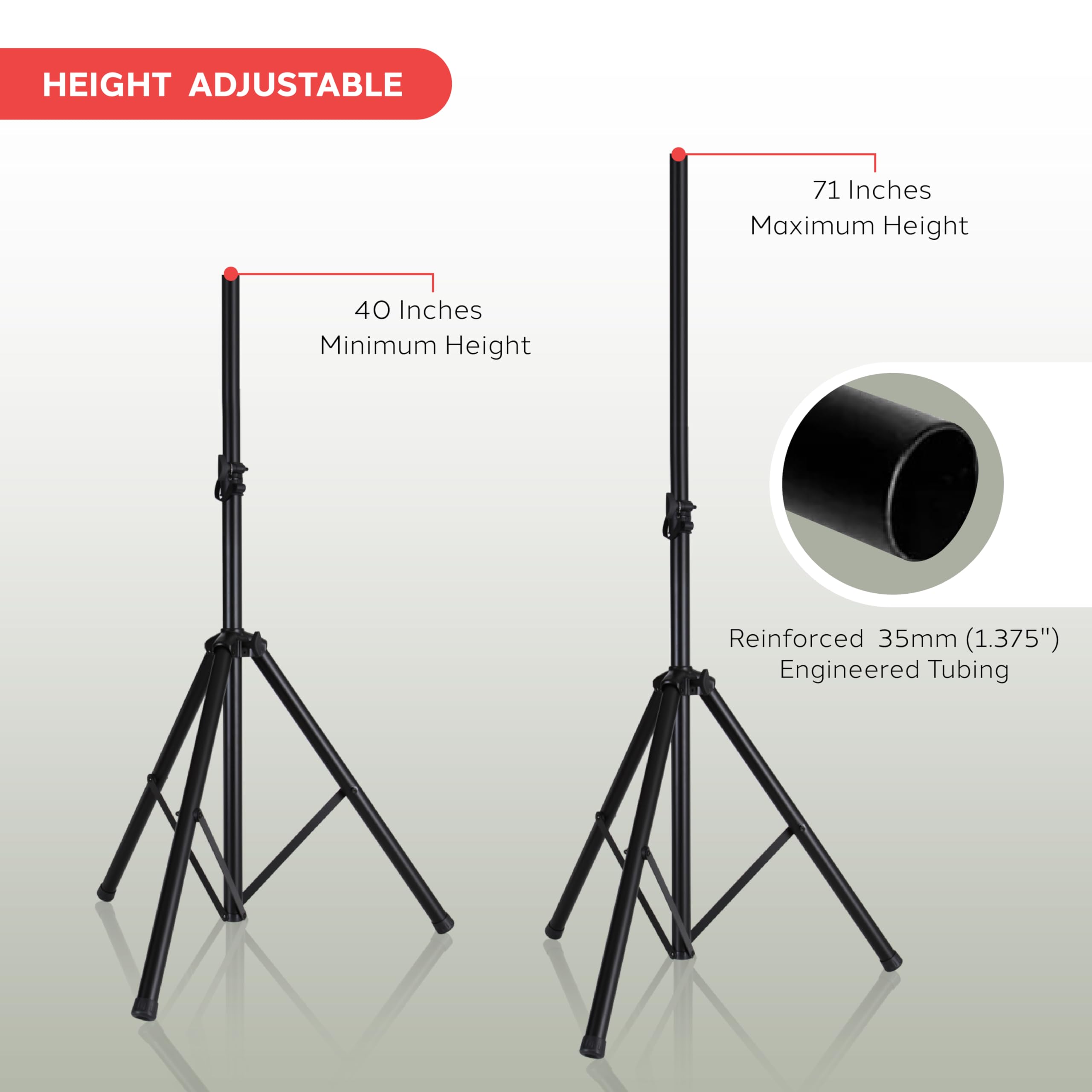 Pyle Universal Speaker Stand Mount Holder Heavy Duty Tripod w/ Adjustable Height from 40β to 71β and 35mm Compatible Insert Easy Mobility Safety Pin and Knob Tension Locking for Stability, Black