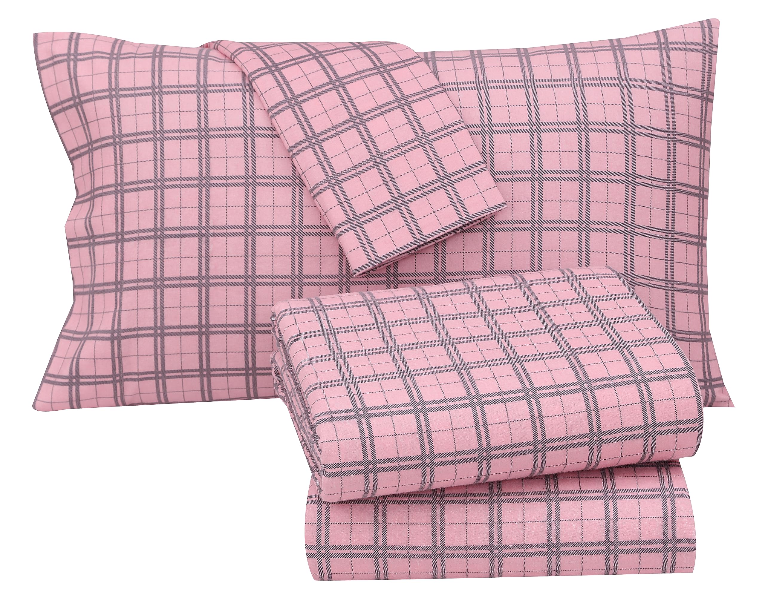 RUVANTI Flannel Sheets Full Size - 100% Cotton Brushed Flannel Bed Sheet Sets - Deep Pockets 16 Inches - All Seasons Breathable & Super Soft - Warm & Cozy - 4 Pcs - Check & Bolt Pink
