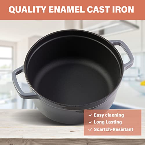 ZQBTC Enamel Cast Iron Covered Dutch Oven Pot with Lid for Bread Baking Use on Gas Electric Oven 3 Quart 2-3 People (Grey)