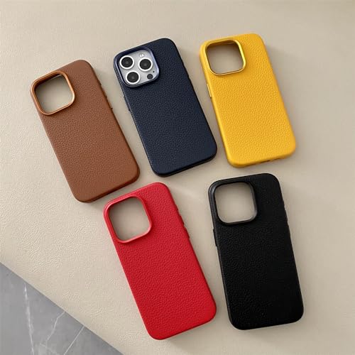 RKS Leather Case for iPhone 15 Pro Max (6.7inch), Compatible with MagSafe, Stylish Lychee Pattern Genuine Leather case with Soft Fiber Lining, Lip Screen Protection, Wireless Charging Navy