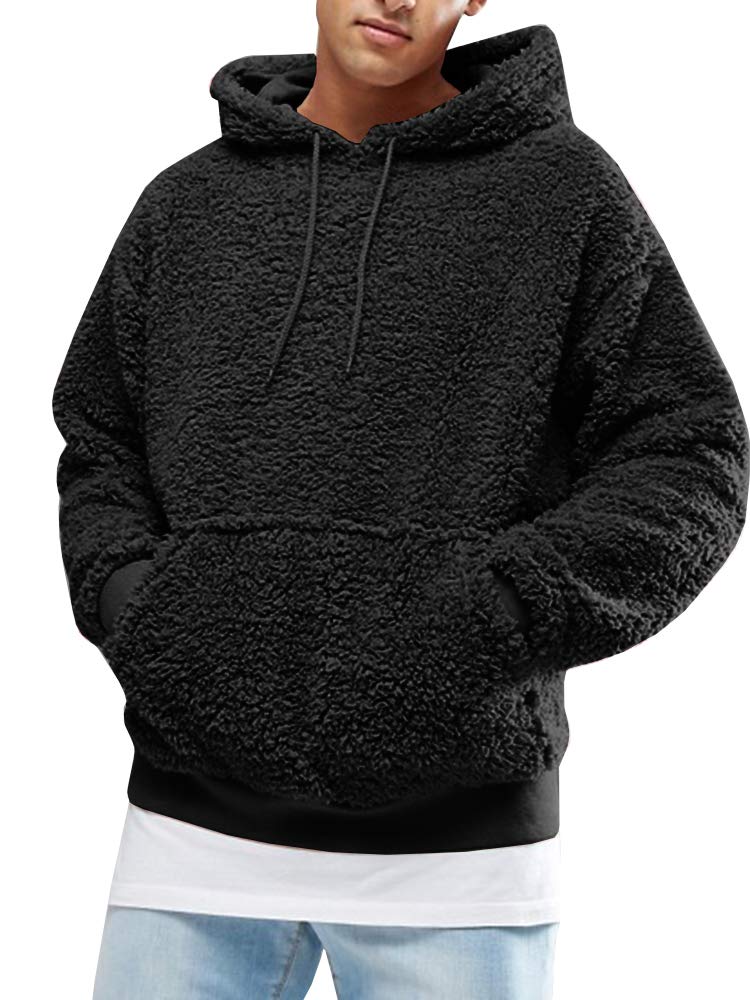 Runcati Mens Fuzzy Hoodie Sherpa Sweatshirts Pullover Long Sleeve Kangaroo Pockets Fall Outwear Winter Hooded