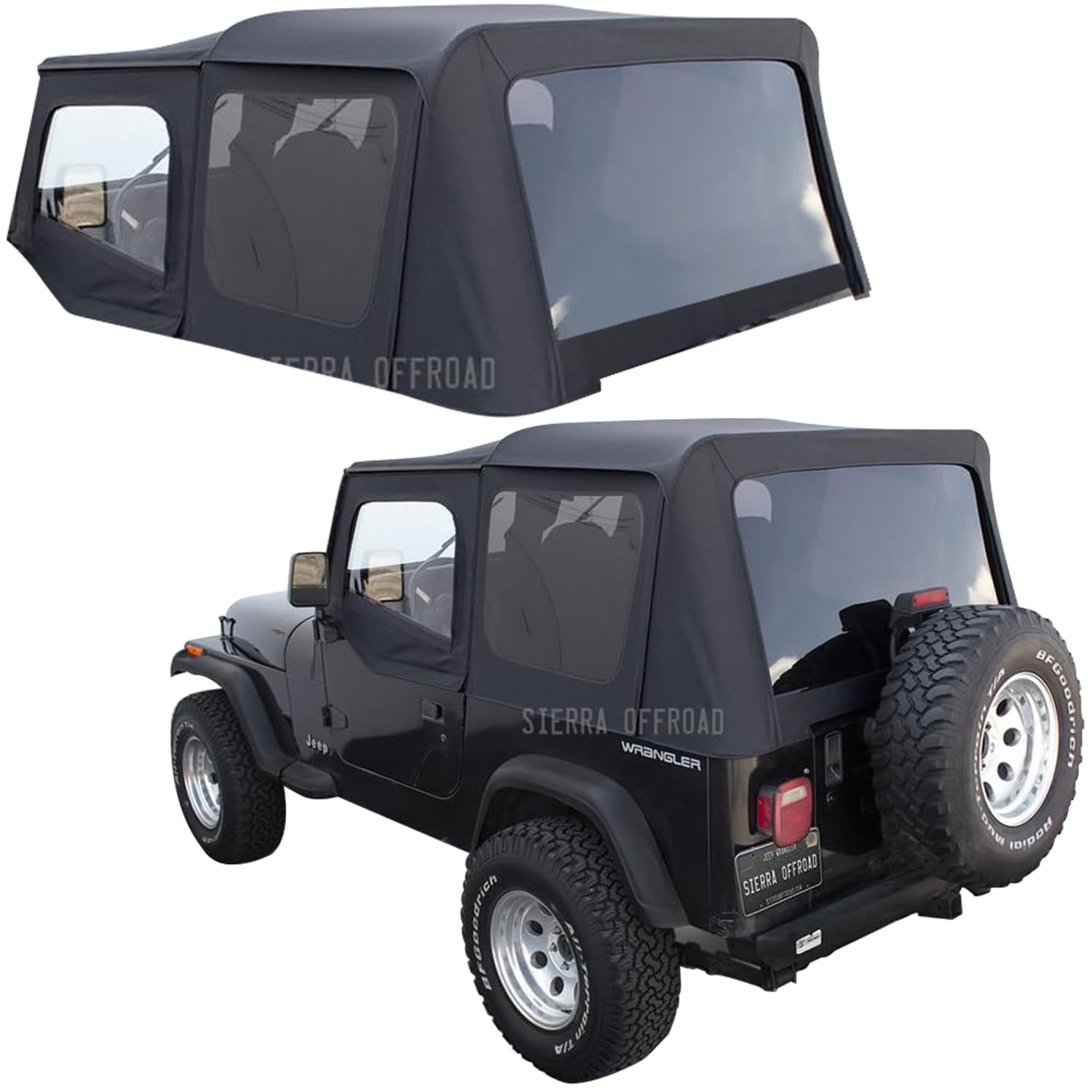 Sierra Offroad Soft Top for 1988 to 1995 Jeep Wrangler YJ - Black, Denim Vinyl - 2 Door Jeep Soft Top with Rear Plastic Tinted Windows - Factory Precision Fit Replacement - With Upper Door Skins