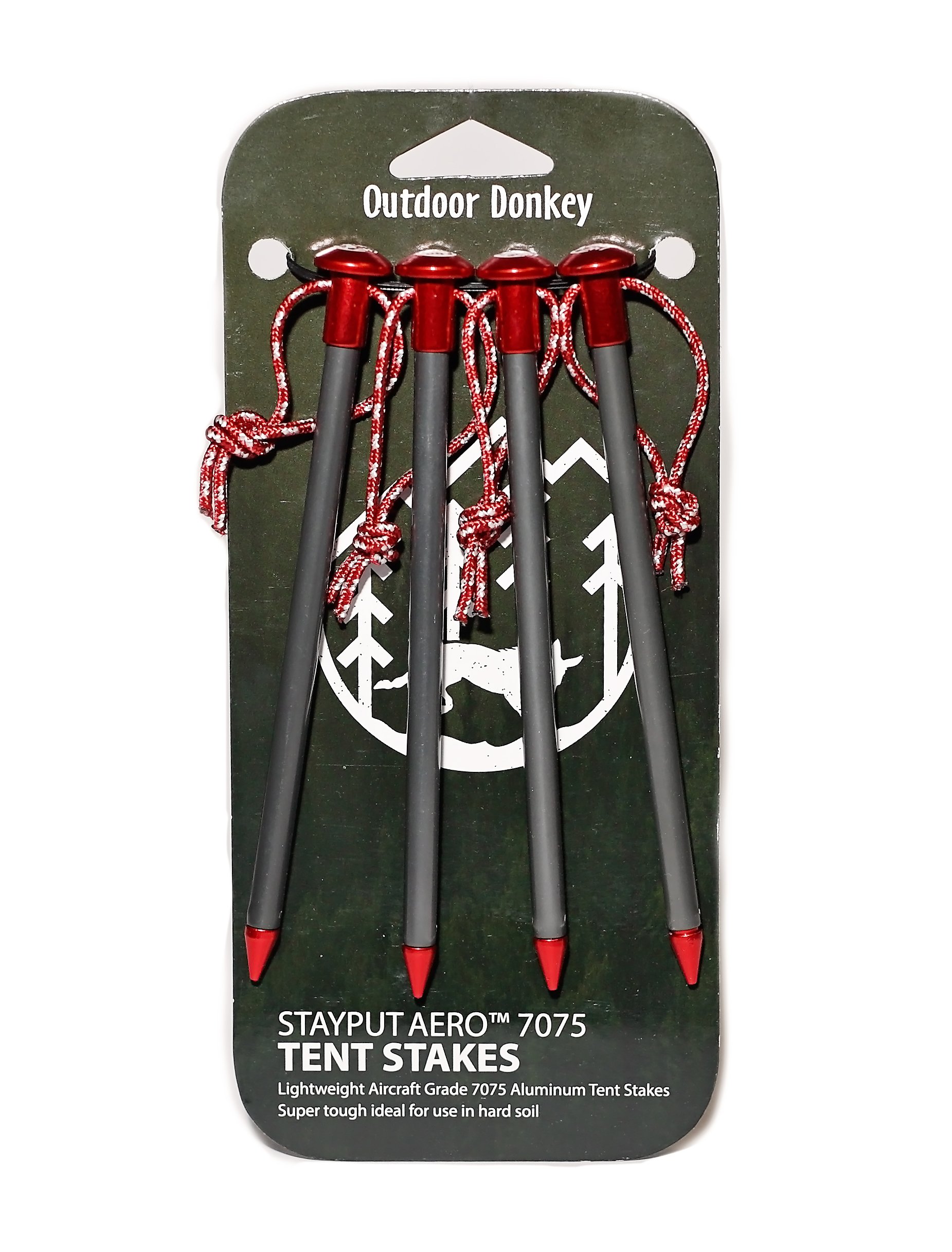 StayPut! Aero 7075 Lightweight Aluminum Anchor Peg Tent Stakes with Reflective Pull Cords for Hammock Camping and Backpacking (4-Pack, Titanium Gray & Red)