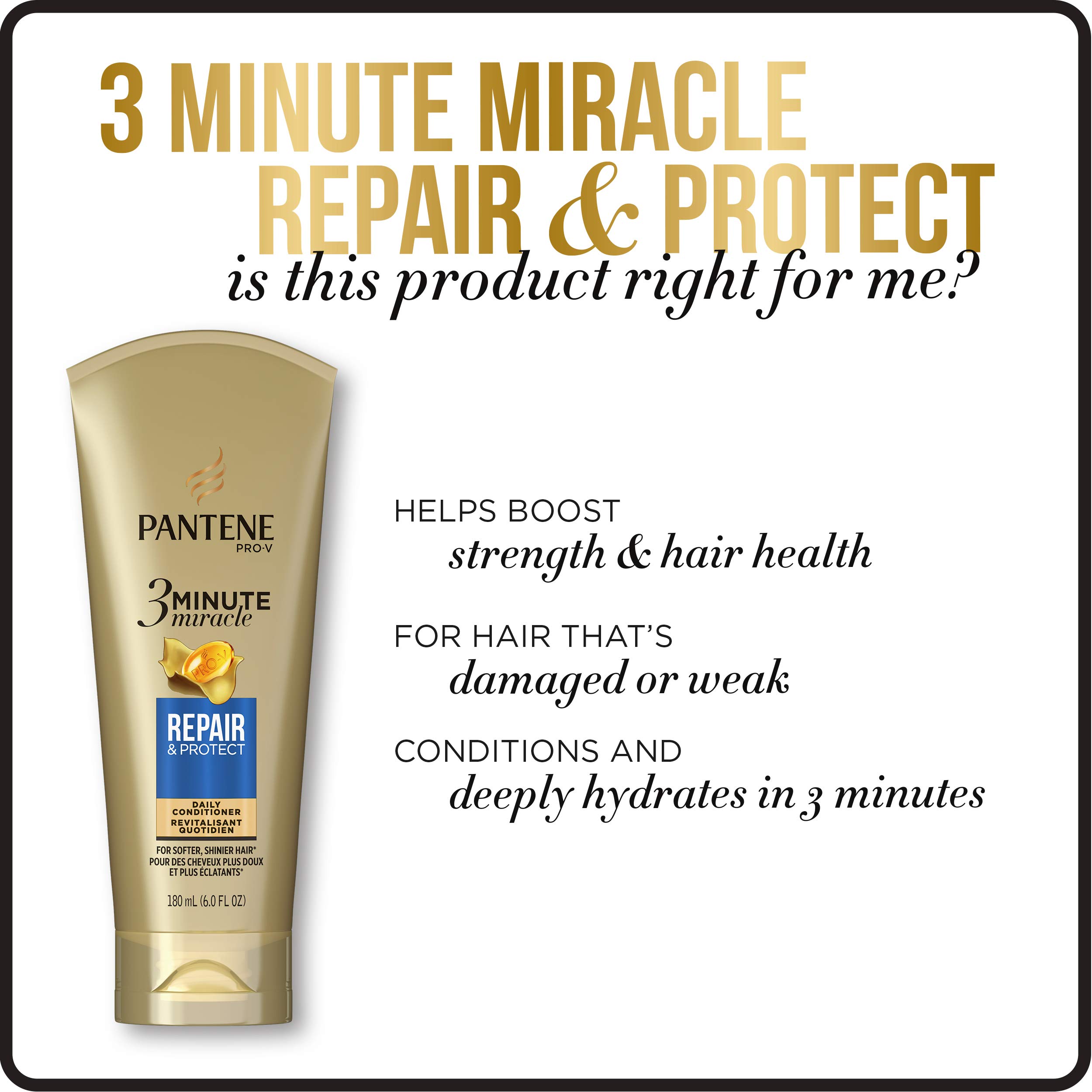 Pantene, Conditioner, Pro-V Repair and Protect for Damaged Hair, 3 Minute Miracle, 6 fl oz, Triple Pack