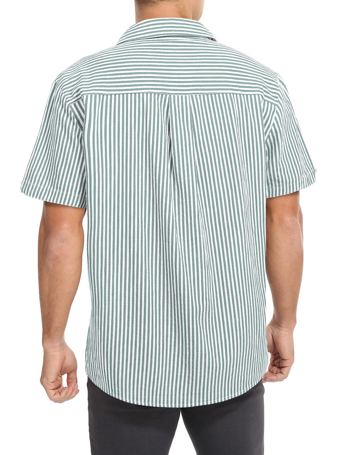 TUREFACE Green Shirt for Men Casual Button Down Short Sleeve Stripes Banded Collar Summer Shirt Lightweight Relaxed Fit