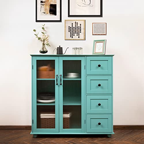 Scurrty 36'' Coffee Bar Cabinet Buffet Sideboard Table with Storage, Glass Display Cabinet, 4 Drawers & 2 Doors Kitchen Cupboard, Storage Organizer for Dining Room, Living Room, Entryway, etc (Green)
