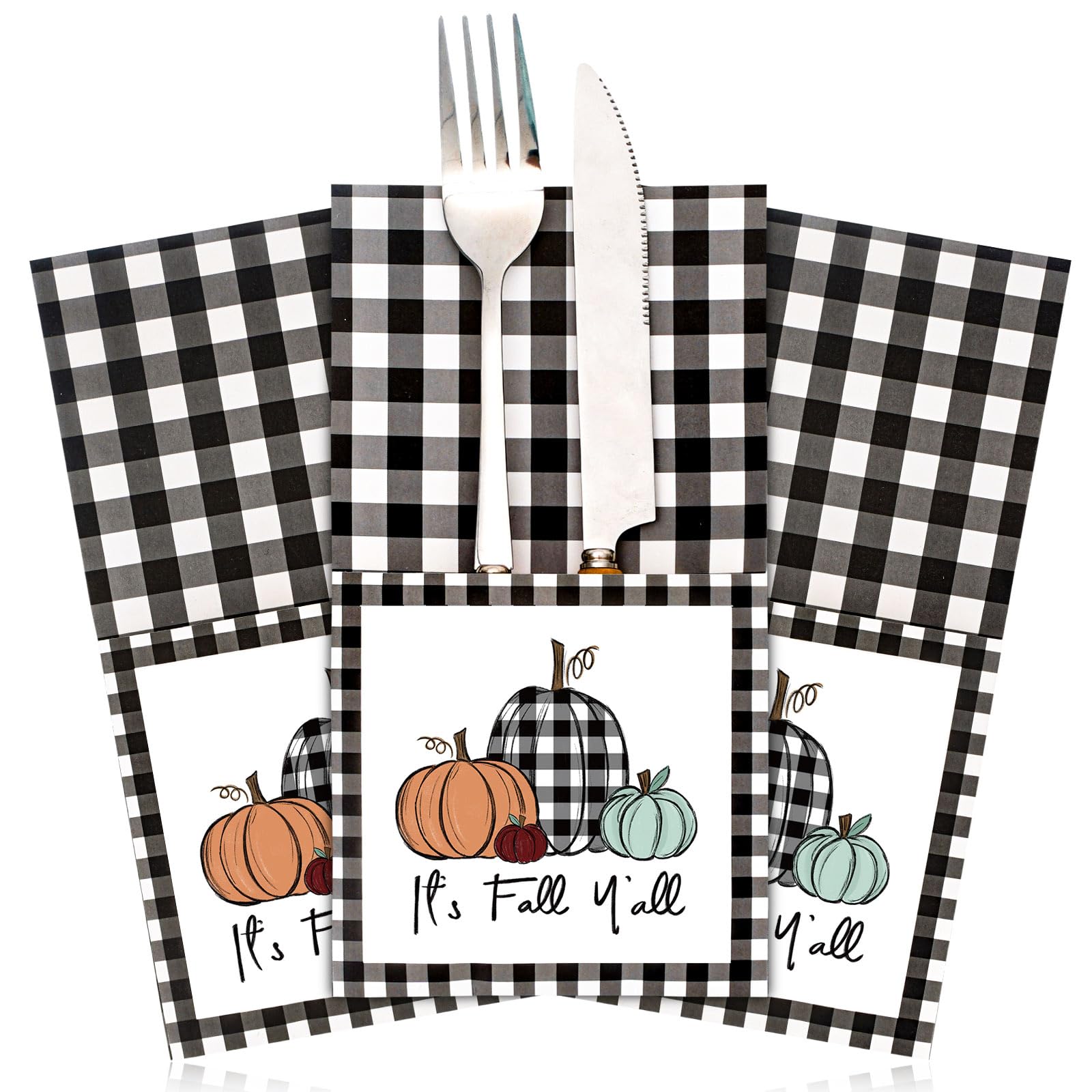 Whaline 36Pcs Fall Thanksgiving Utensil Cutlery Holders Buffalo Plaids Pumpkin Knife Forks Silverware Paper Pouch Bags Autumn Harvest Cutlery Wraps Tableware Holder for Dinner Table Setting Decor