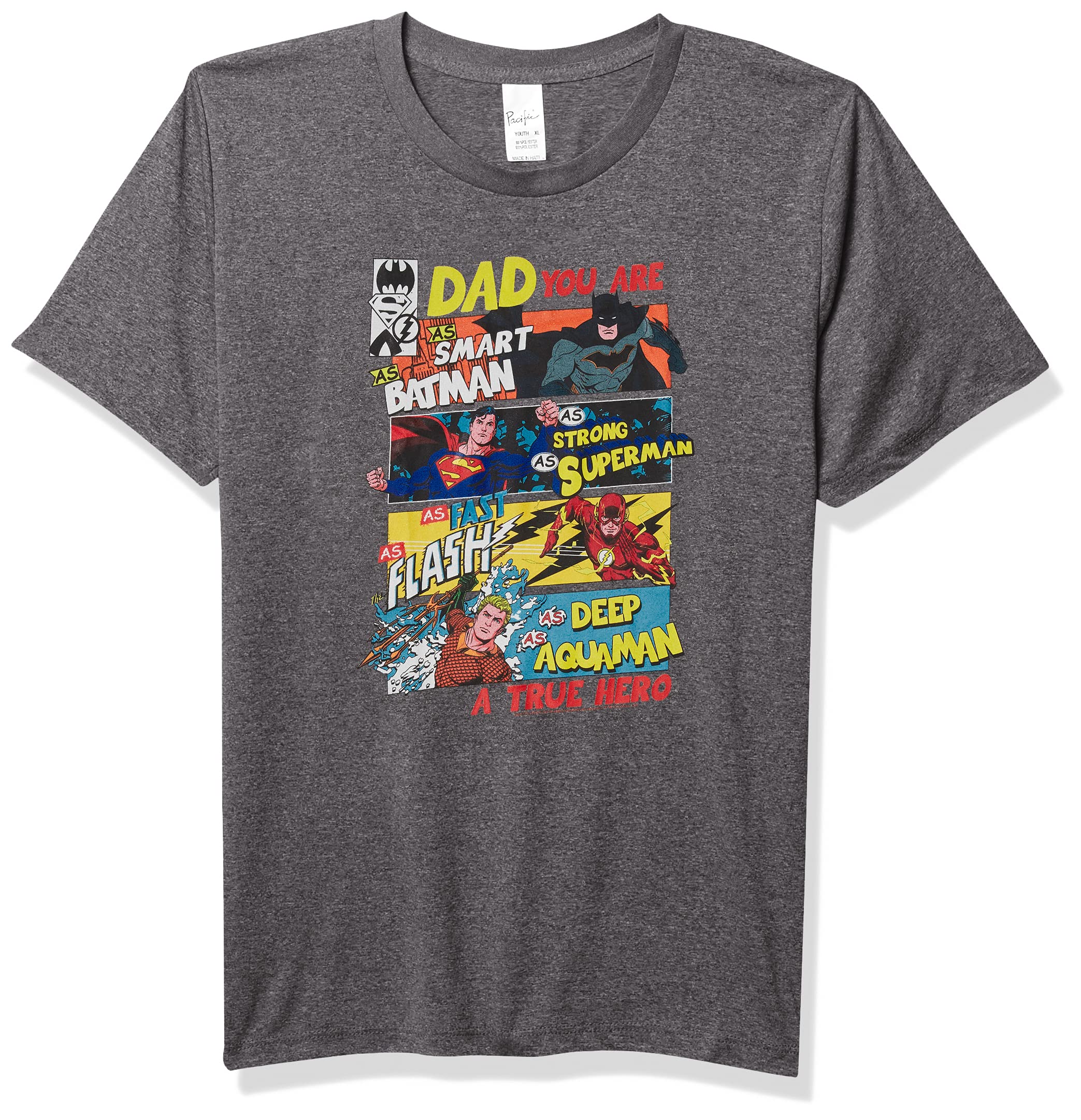 Warner Brothers Justice League Dad Boy's Performance Tee, Charcoal Heather, Youth Medium