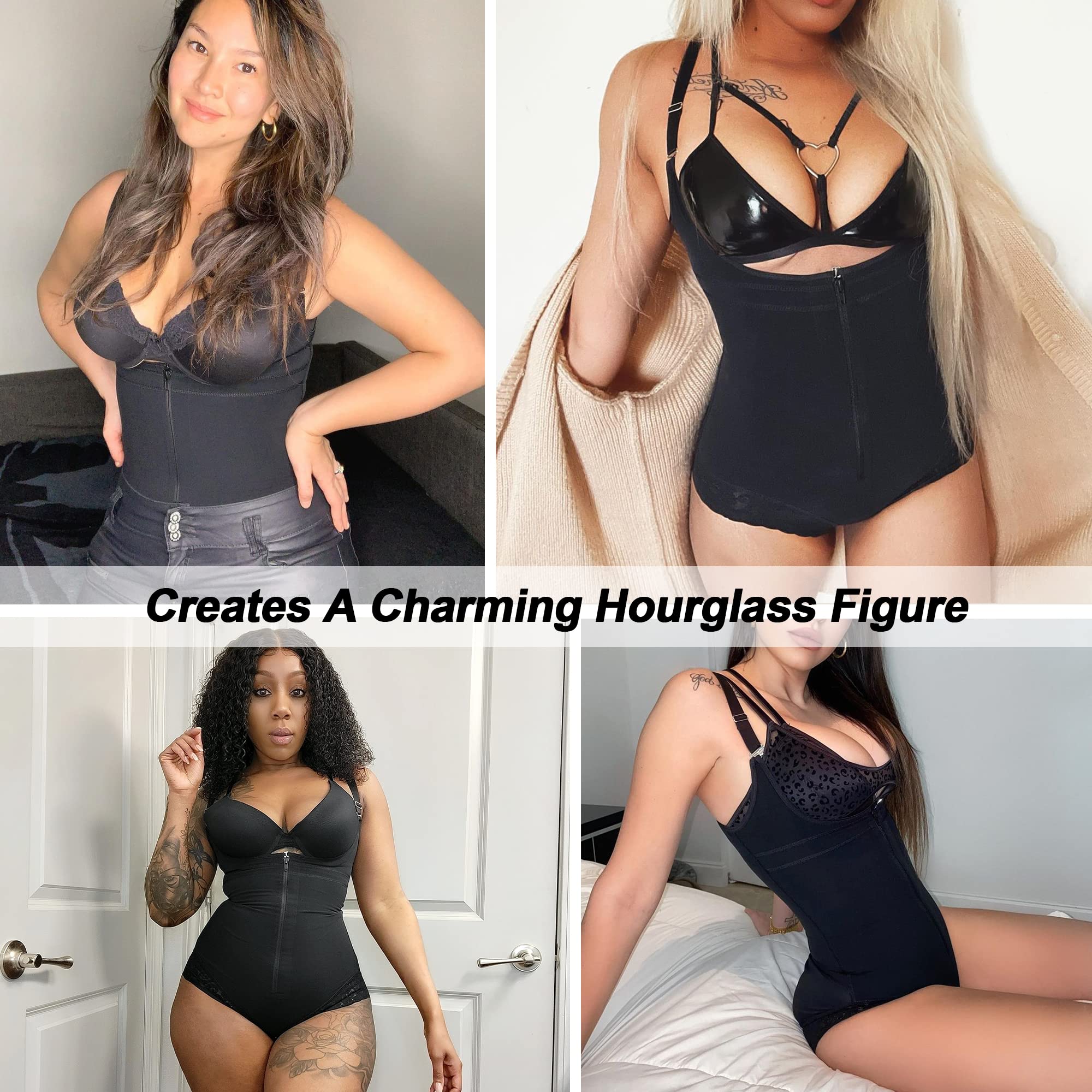 SHAPERX Women Shapewear tummy control Fajas Colombianas Body Shaper Zipper Open Bust Bodysuit,SZ7200-Black-L