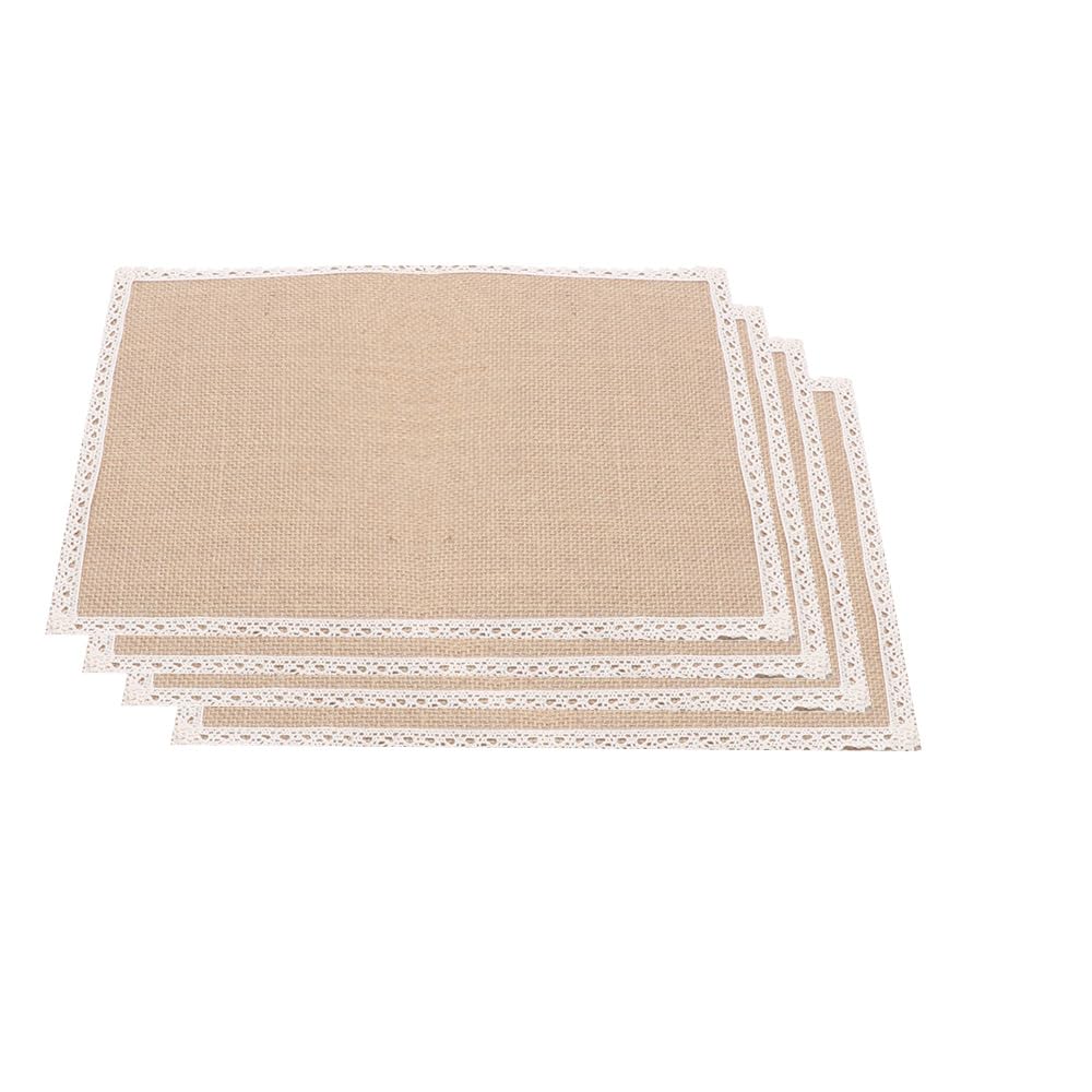 Pokinge 4pcs Burlap Placemats Lace Table Mat Water-Proof Heat-Insulated Jute Bowl Pads Non-Slip Durable Burlap Placemats for Home Wedding Party Decor