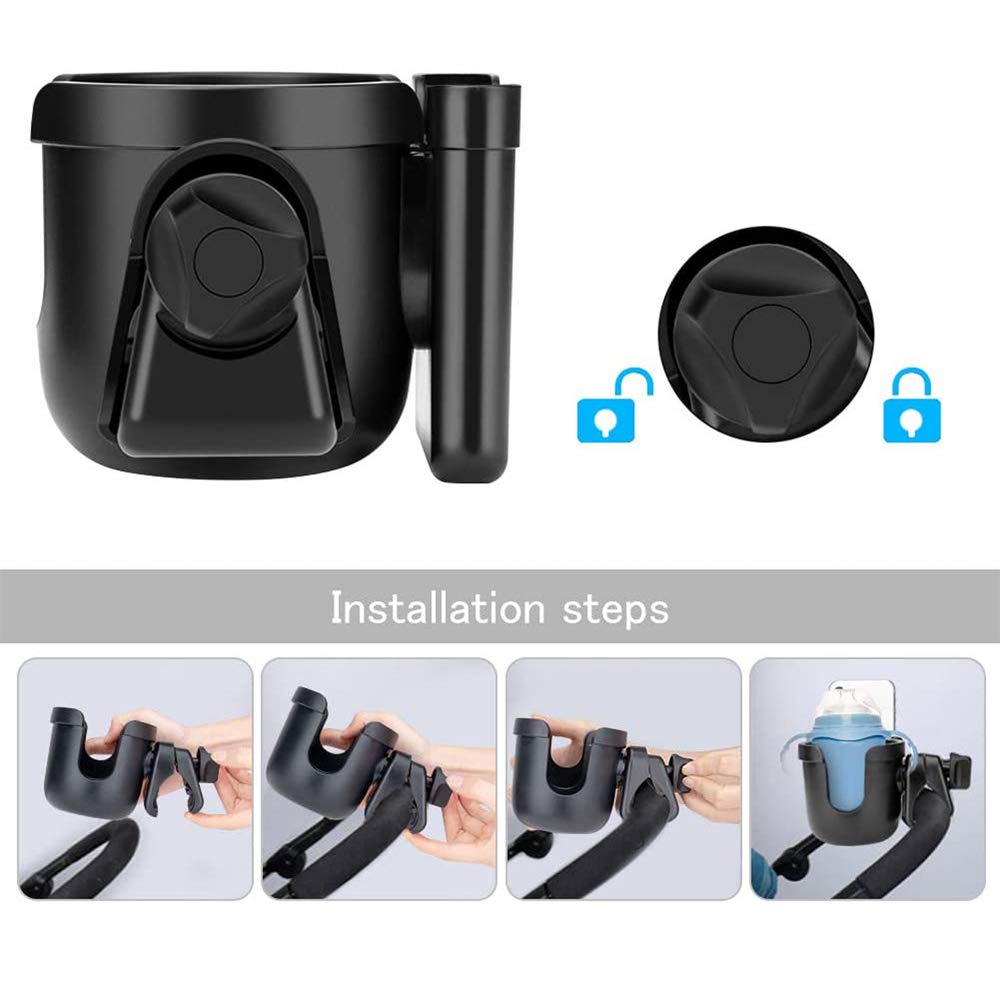 Stroller Cup Holder with Phone Organizer, 2-in-1 Universal Cup Holder, 360 Degrees Rotation Storage Rack for Stroller/ Pushchair/ Wheelchair/ Bike