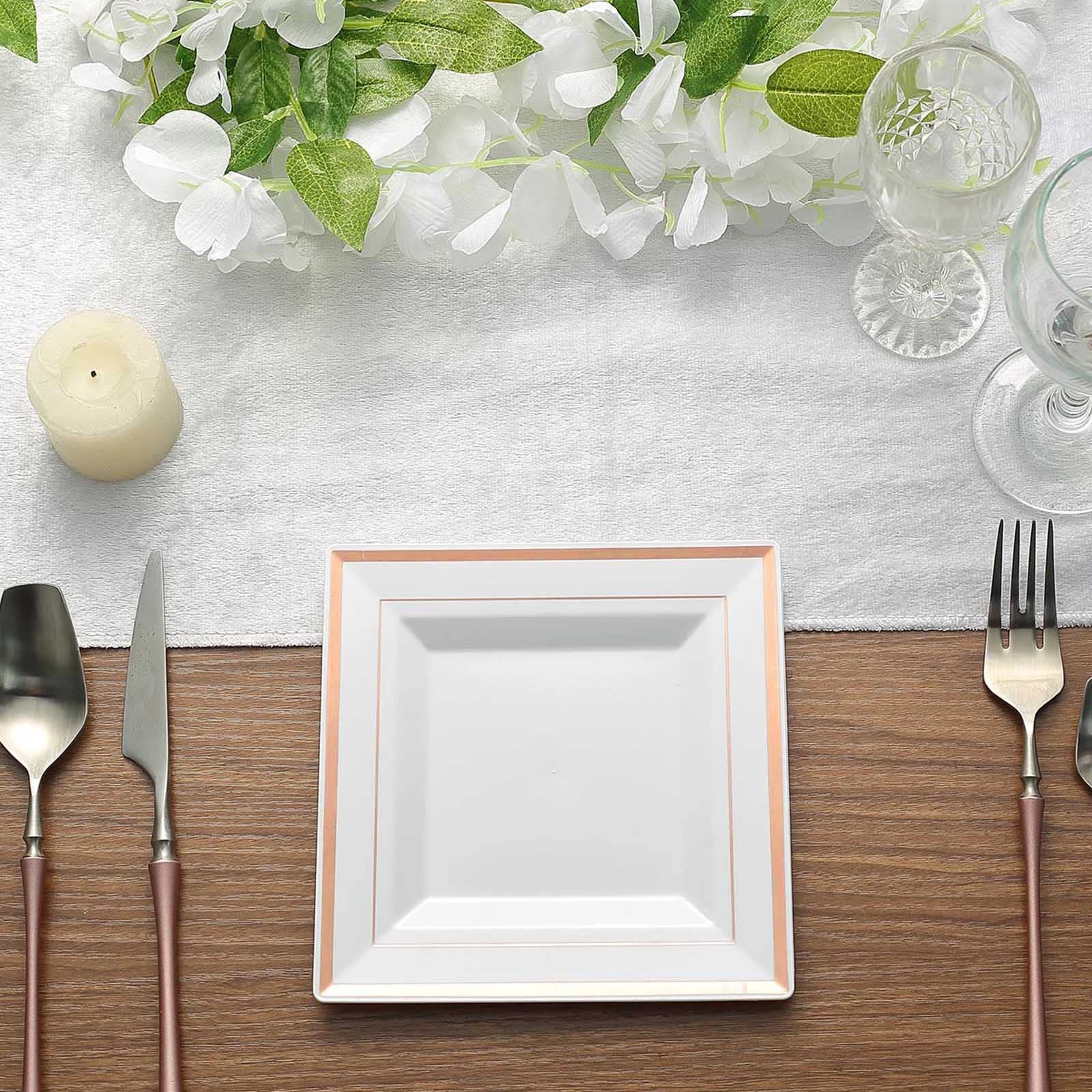 Tableclothsfactory 20 Pack 7" White Disposable Plates Square Plastic Plates Salad Dessert Plates With Shiny Rose Gold Rim For Weddings
