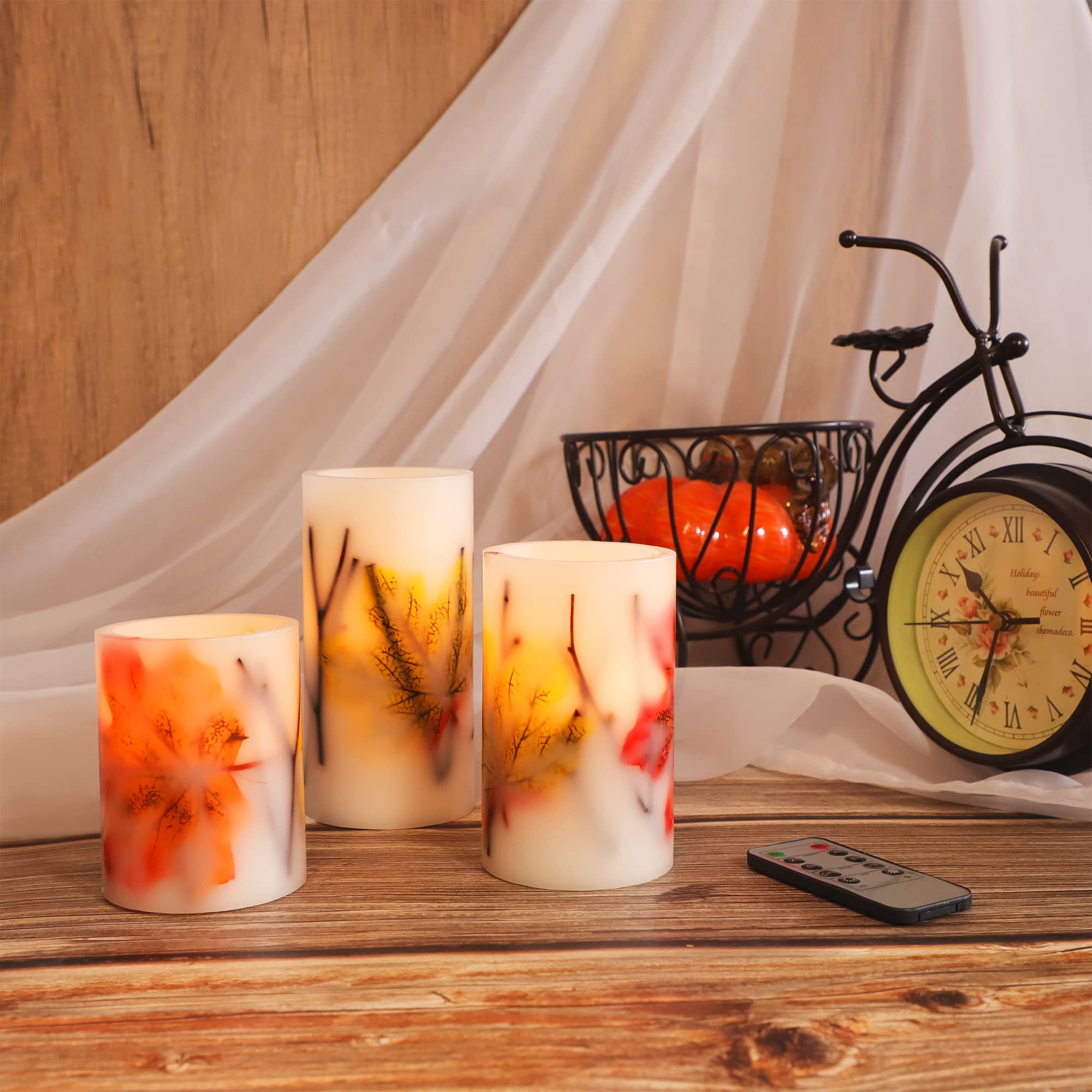 PETRISTRIKE Fall Flameless Candles, Autumn Maple Leaf Led Candles with Remote & Timer, Realistic Flickering Real Wax Candles for Harvest Festive, Thanksgiving Day, Party Decorations