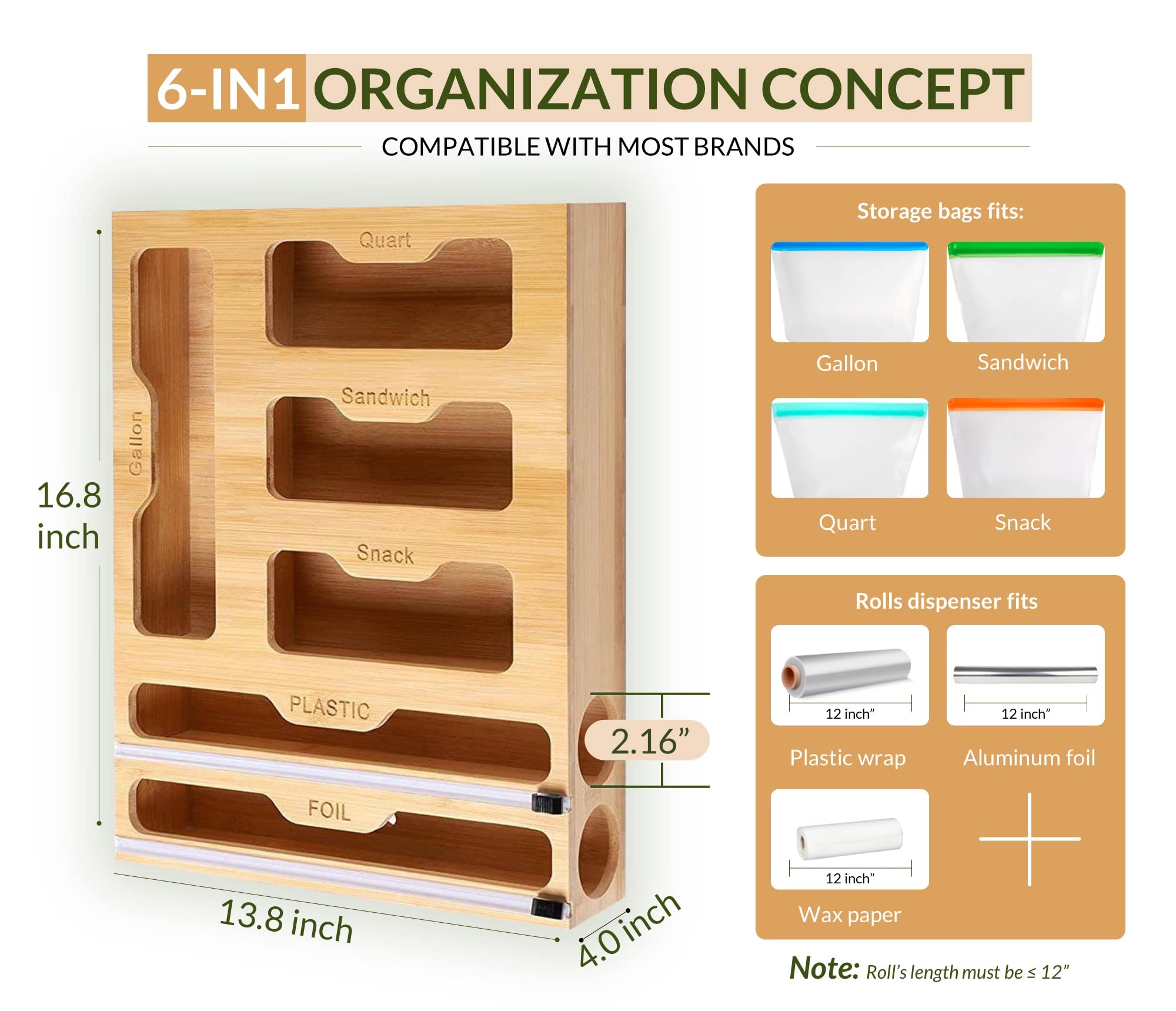 Ziplock Bag Storage Organizer for Kitchen Drawer, 6 in 1 Foil and Plastic Wrap Dispenser with Cutter, Bamboo Zip Lock Plastic Bag Baggie Organizer for Gallon, Quart, Sandwich, Snack 13" x 17" x 3.5"
