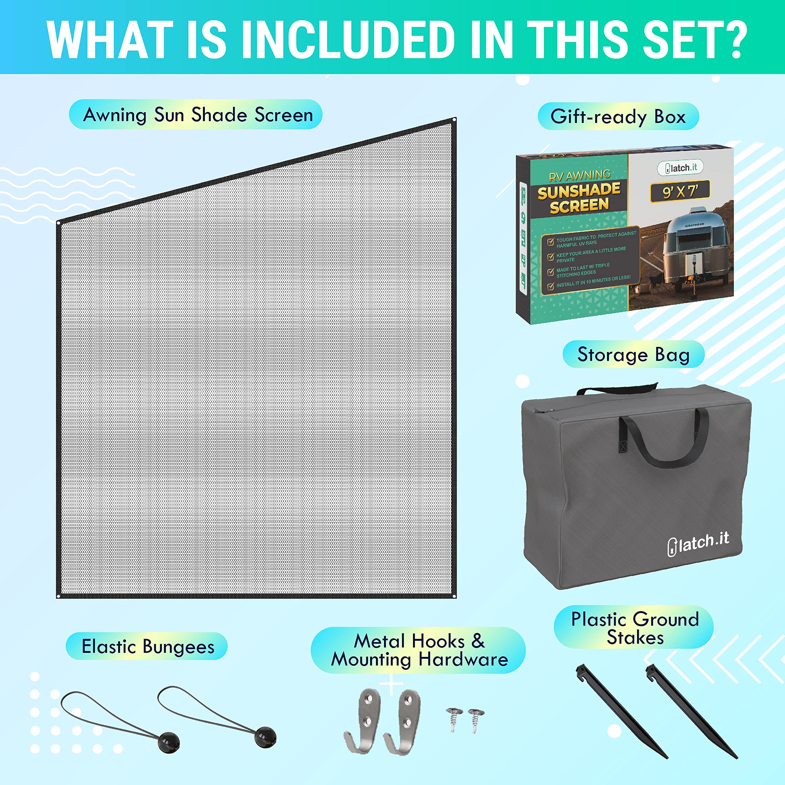 RV Sunscreen Shade for Awning V2.0 | 8’x15’3” | Front RV Screen Awning + Metal Anchor Kit | RV Awning Sun Blocker | Zippered RV Awning Shade Screen | Wind Protection, Shade & Privacy!