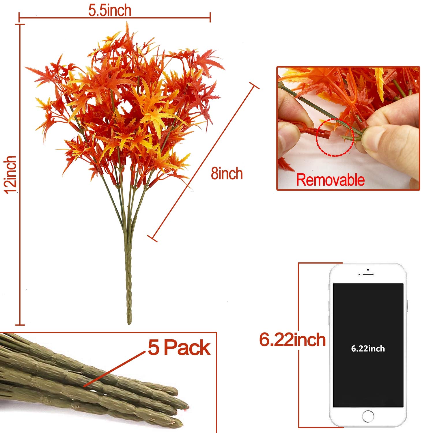 TURNMEON 5PCS Thanksgiving Decorations Artificial Fall Maple Leaves Branches Decoration,Faux Plastic Autumn Fall Leaves Stem Greenery Shrubs Plants Indoor Outdoor Home Garden Party Table Decor(Red)