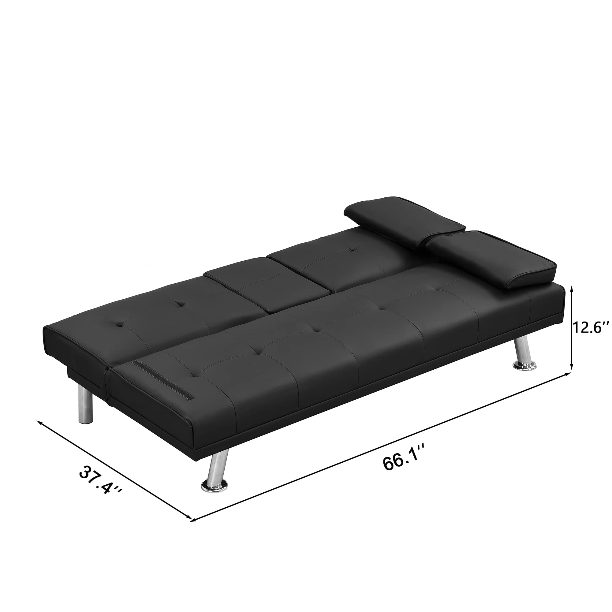 PU Leather Futon Sofa Bed Convertible Upholstered Modern Sofa Sleeper Couch with Detachable Armrests 2 Cup Holders Stainless Steel Legs Black, Suitable for Compact Living Spaces, Apartments