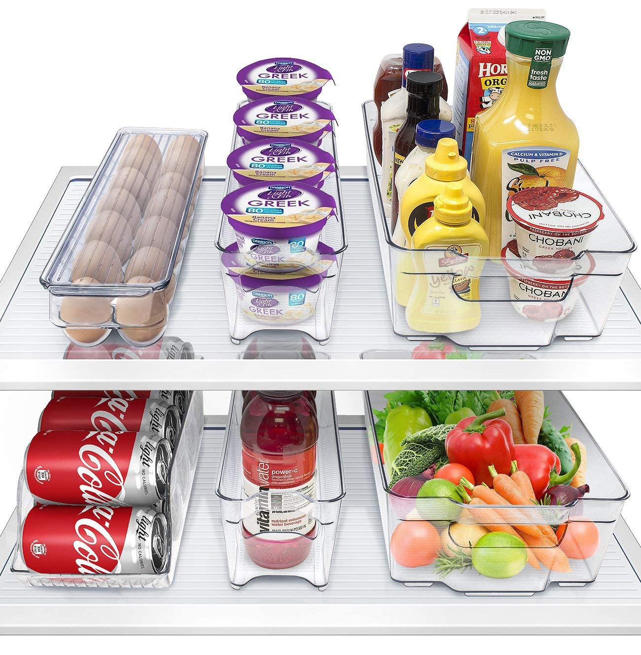 Sorbus Clear Fridge Organizer Bins & Curved Clear Rolling Bins Set - 6 Set with Egg Holder, Can Dispenser, and Varying Sizes - Curved 3 Piece Clear Storage Design with Handles, Dividers, and Wheels
