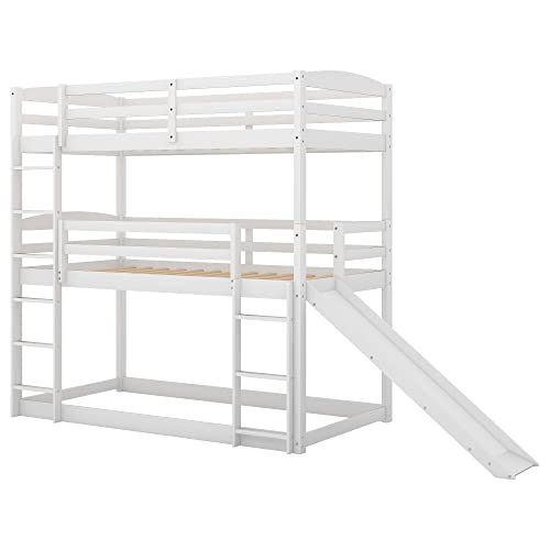 RUNWON Twin over Twin Triple Bunk Beds Frame with Slide,Ladder and Safety Guard Rails for 3 Kids Teens Bedroom,No Box Spring Needed