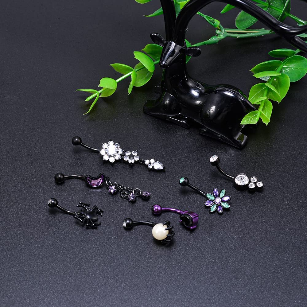 WASOLIE 7PCS 14G Sliver Body Jewlry Pack Stainless Steel Long Belly Rings For Women